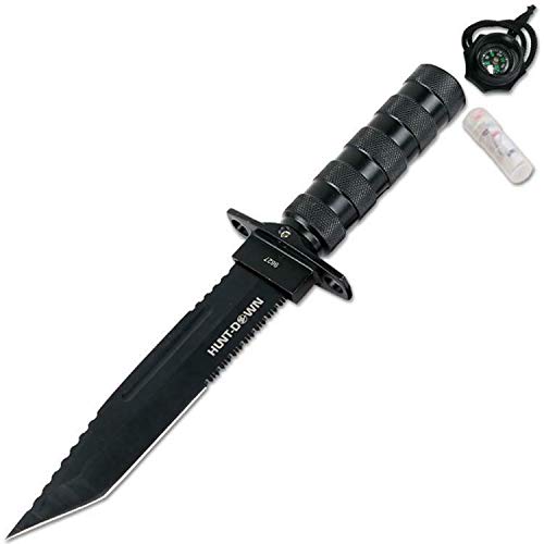 Hunt-Down 12" Black Color Fixed Blade Survival Stainless Steel Blade Knife - Survival Kit & Compass