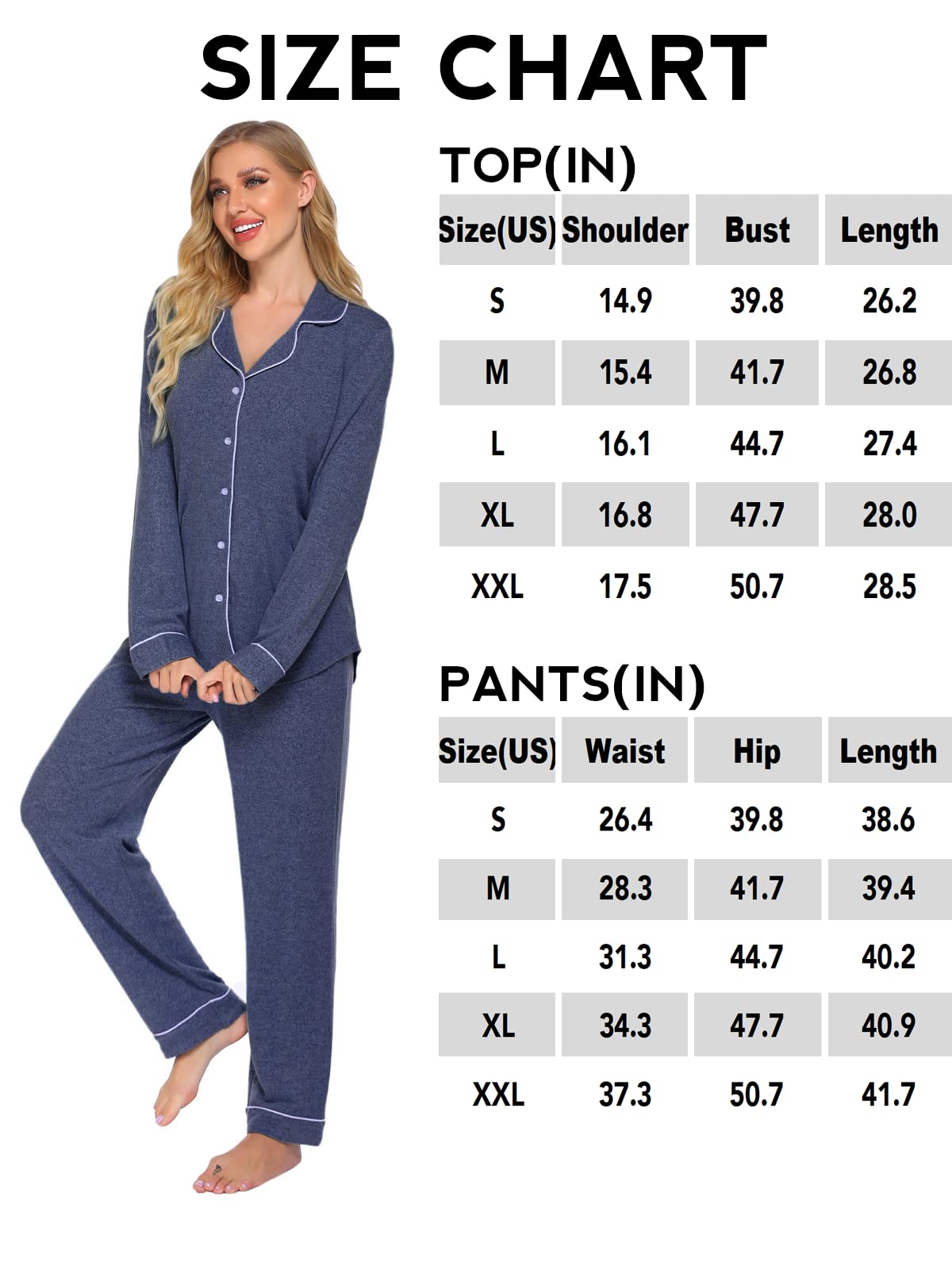 EkouaerWomen's Winter Warm Long Sleeve Sleepwear Soft Loungewear Nightwear 2 Piece Sleep Set (Dark Blue,S)