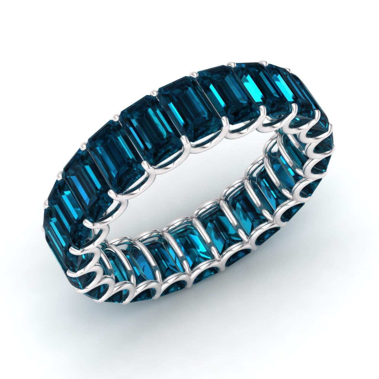 Diamondere Natural and Certified London Blue Topaz Wedding Ring in 14K White Gold | 6.25 Carat Emerald Cut Full Eternity Stackable Band Size 8