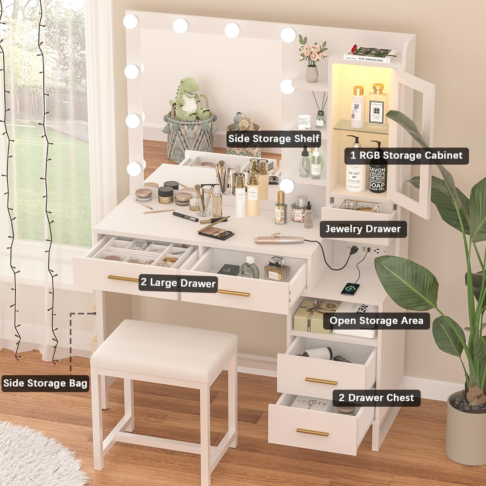 CSZZD Makeup Vanity Desk with Mirror and Lights, White Vanity Table Set with Charging Station, LED Cabinet, 5 Drawers & Storage Bag, 3 Lighting Modes, Bedroom Vanity Mirror with Lights Desk and Chair