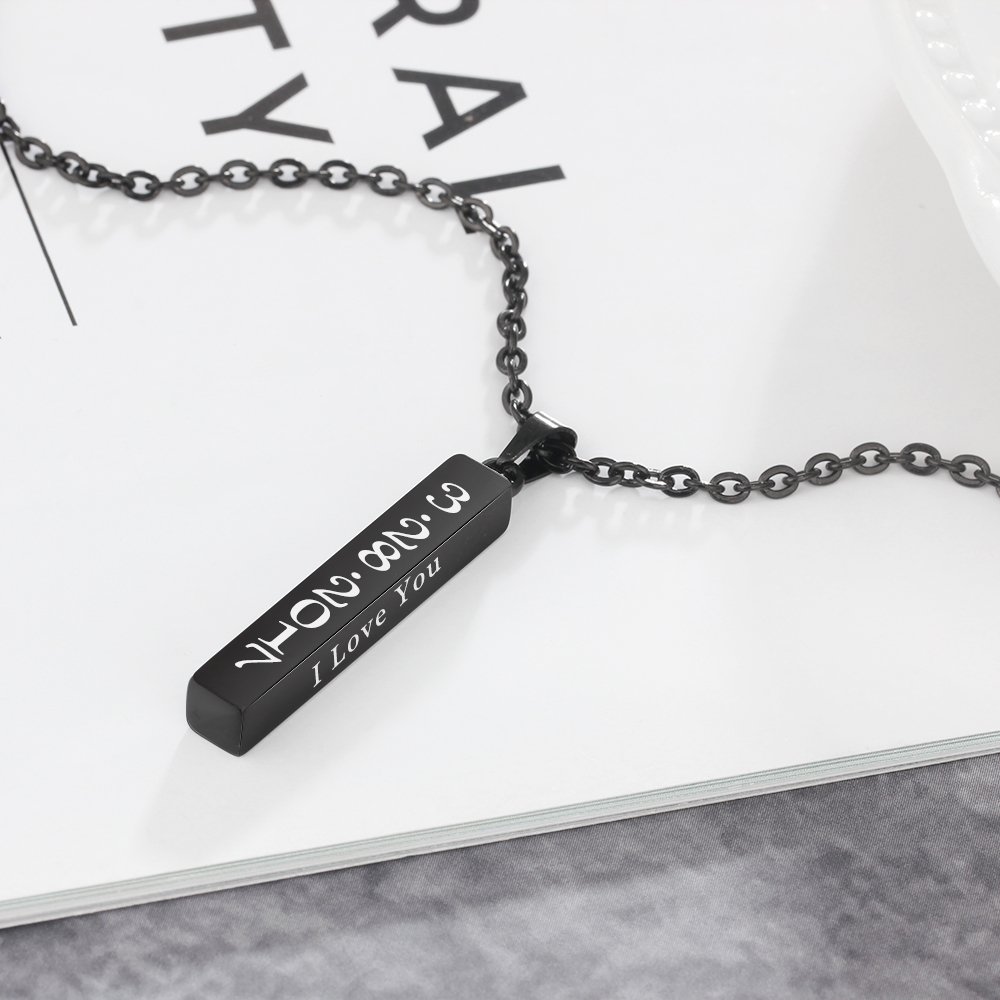 diamondidde Personalized Custom Message Names Pendant Necklace Unisex Stainless Steel Vertical Cuboid Bar Necklace (Black)