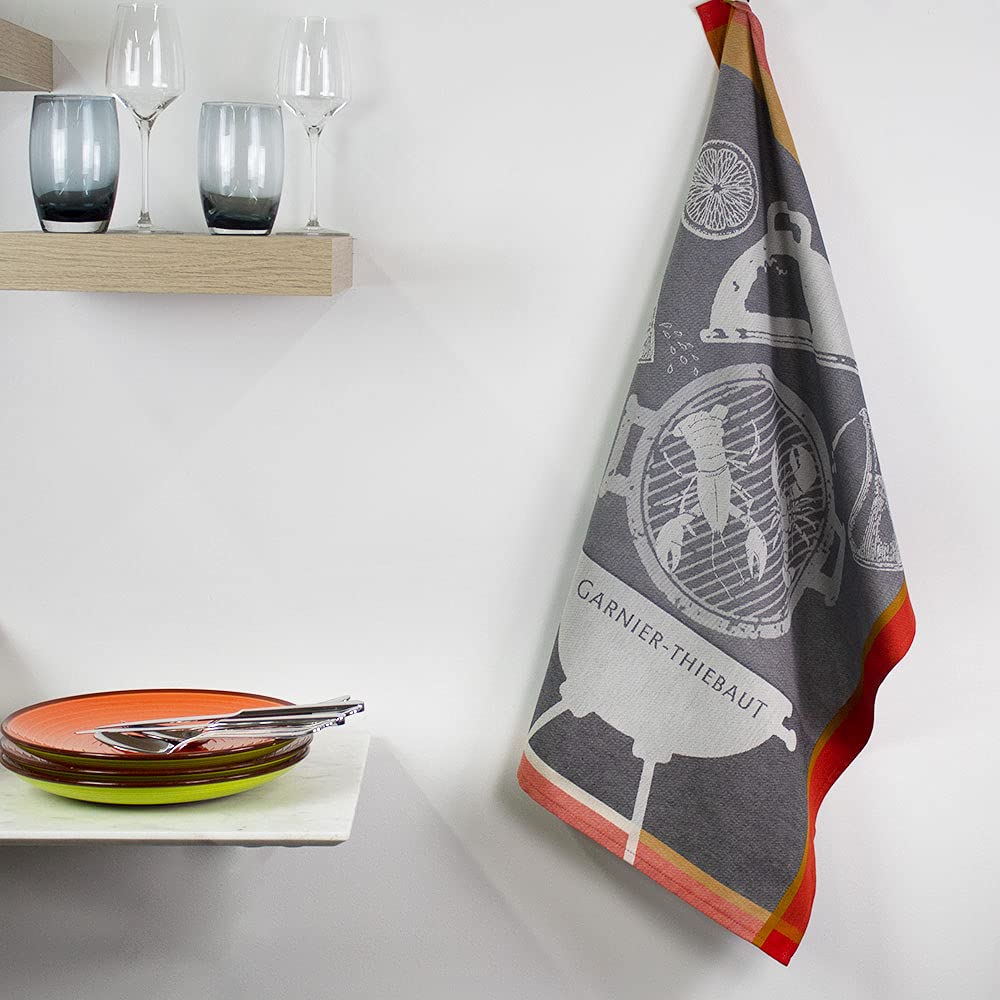 Garnier Thiebaut French Jacquard Kitchen Towel 100% Cotton Kitchen and Cooking Collection (Lobster Grill Charcoal)