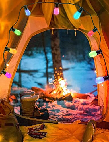 Jevindo Solar Outdoor String Lights, Portable 48ft IP65 Waterproof Patio RGB LED String Lights with 15 LED Bulbs Dimmable Multi-Color, Smart Bluetooth App Control, Balcony, Backyard, Camping, Travel