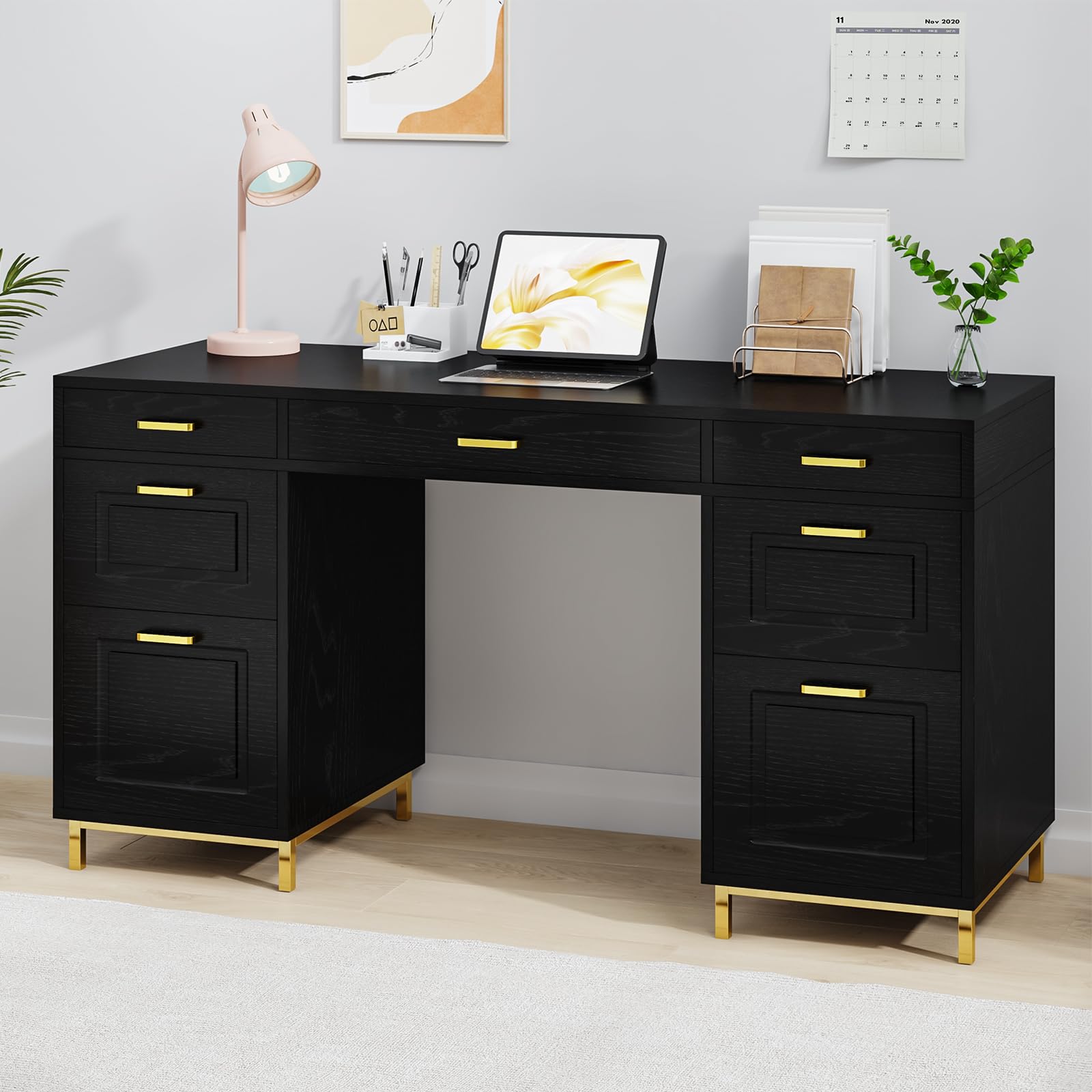 MaverickFurni Desk with 7 Drawers, 57 Inch Computer Desk with Storage, Desk with 2 File Drawers, Executive Desk for Home Office (Black and Gold)