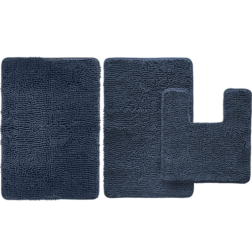 Gorilla Grip Bath Rug and Area Rug Set, Bath Rug Size 30 x 20 in, Shaggy Machine Washable Mats, Area Rug Set Size 22 x 19 x 15 in and 30x20, Absorbent Washable Mats, Both in Navy, 2 Item Bundle