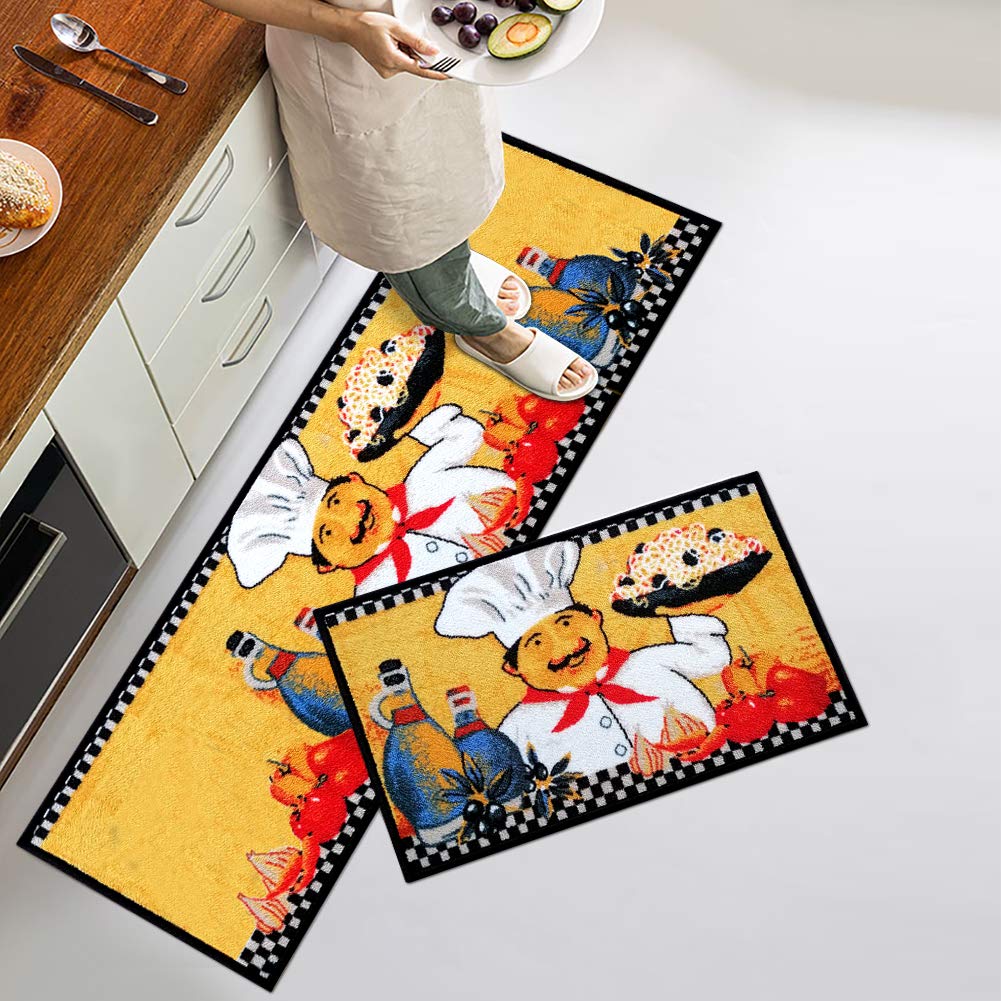 FAMIFIRST Kitchen Rug 2 Piece Non Slip Kitchen Mat Latex Backing Door Mat Floor Mat Kitchen Decor Set, 16''x47''+16''x23'', Noodle Chef