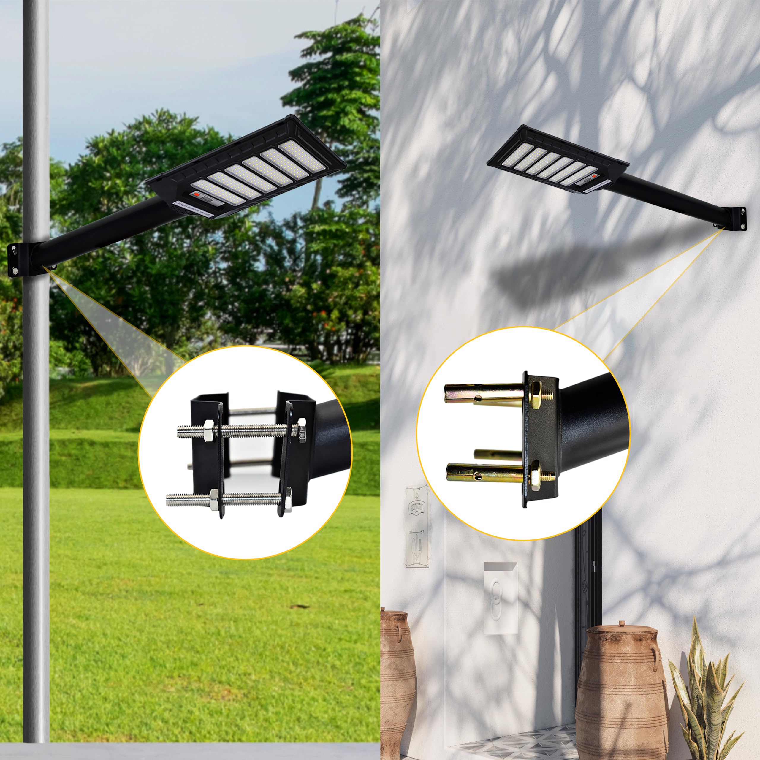 Light Pole Mount, Solar Lighting Mounting Bracket Extension Pole Kit, Wall Mounted Arm for Street Light, Barn Lamp, Post Tree (2 Pack Black)