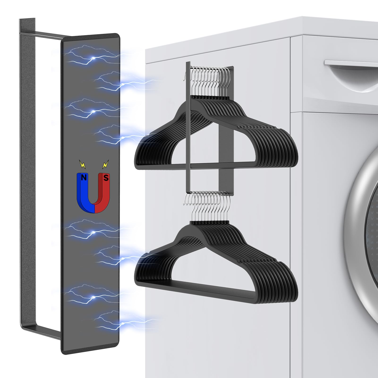 LECTRUS Powerful Magnetic Hanger Organizer Stacker- Easy Install for Dryer and Washer, Space Saving Hanger Holder for Your Laundry Room, Durable Premium Metal Material Hanger Stand, Black (White)