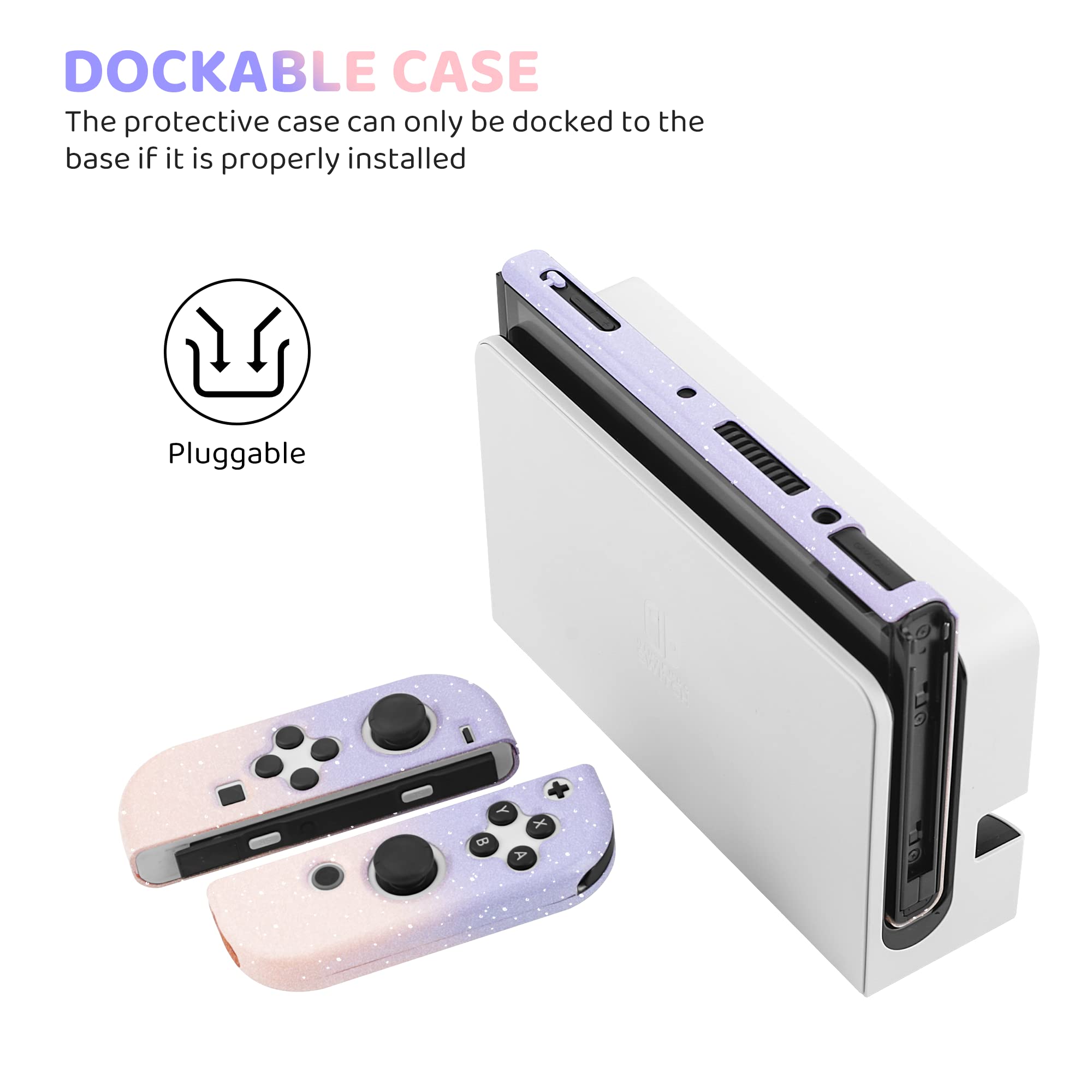 FANPL Glitter Case for Nintendo Switch OLED, Dockable Protective Case Cover for Switch OLED and Joy Con Controller with 2 Cat Paw Thumb Grips (Gradient Pink and Purple)