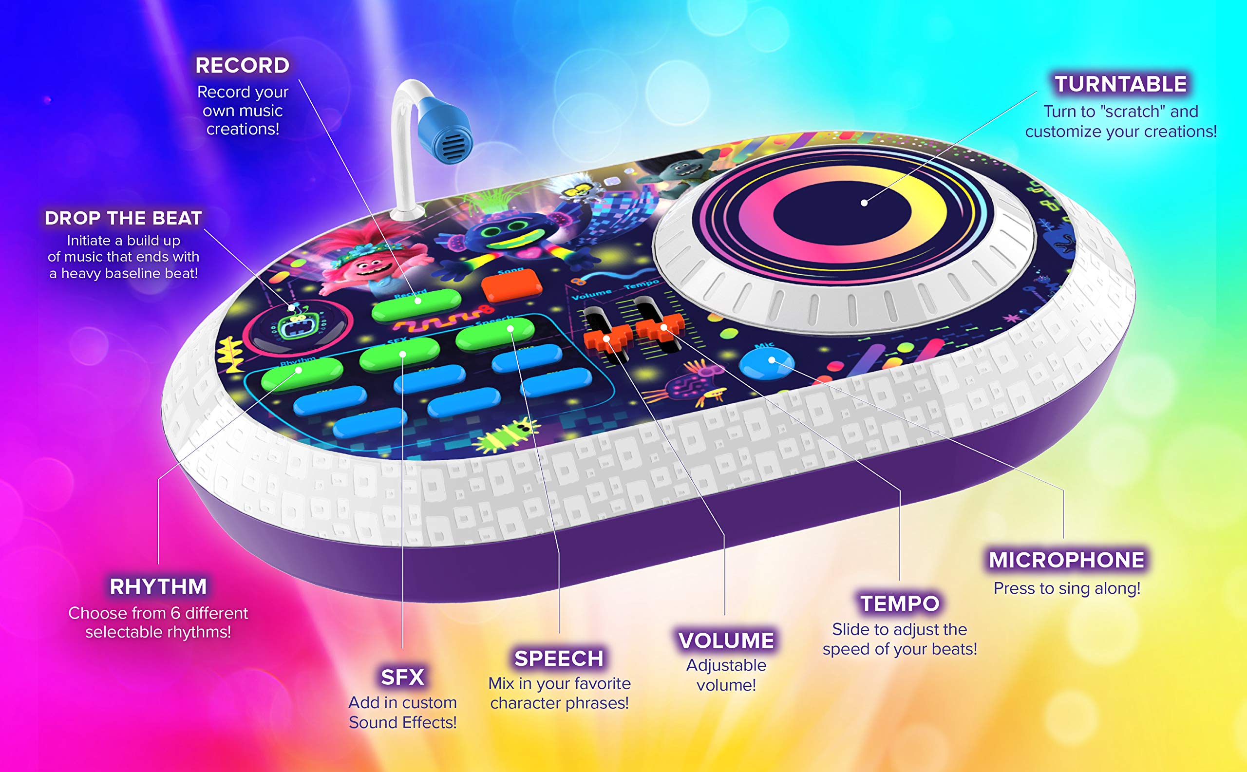 eKids Trolls World Tour DJ Trollex Party Mixer Turntable Toy for Kids Toddler Children, Built in Microphone, Record, Sound Effects, LED Light Show Medium