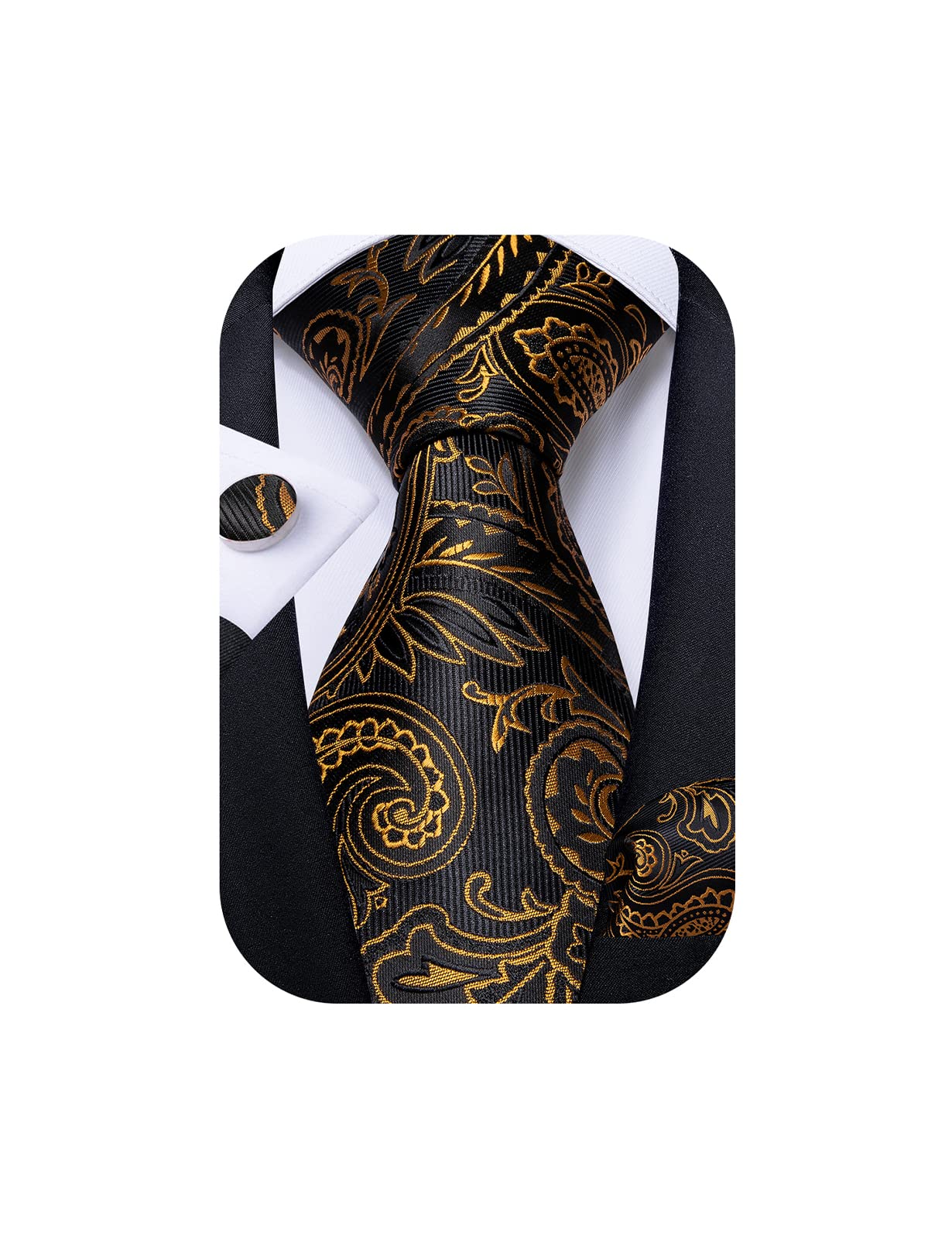 DiBanGu Mens Tie Set Silk Solid Paisley Necktie and Pocket Square Cufflinks Classic Formal Ties for Men Wedding Party, Black and Gold