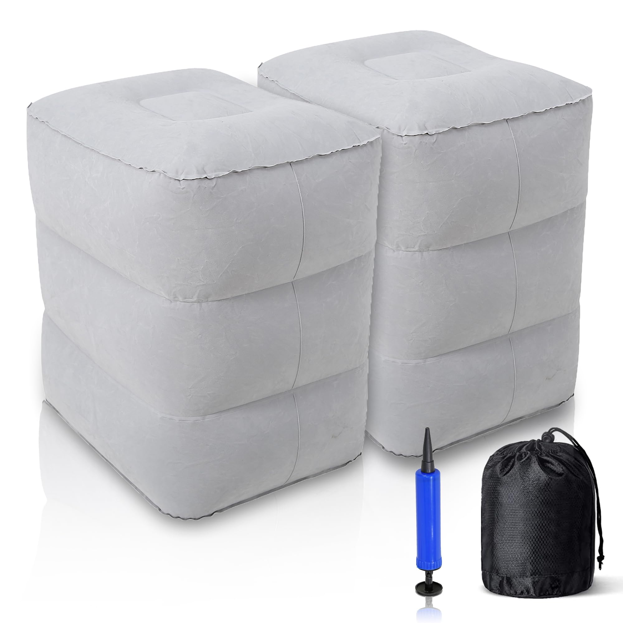 ENIE Pack of 2 Inflatable Foot Rest for Air Travel - Adjustable Three Layers Travel Airplane Foot Rest with Hand Pump - Adjustable Inflatable Toddler Airplane Bed, Footrest Pillow (Lightgrey)