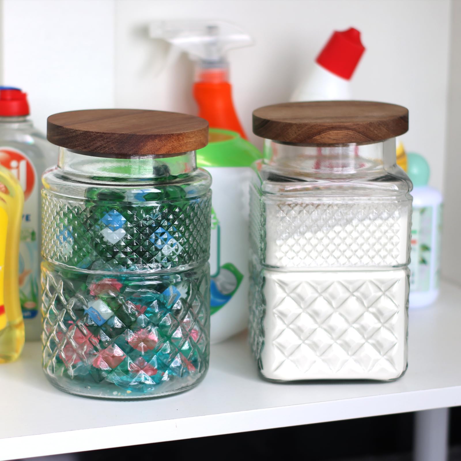 EkkoVla 60 FL OZ Large Glass Storage Jar, Set of 2 Glass Food Storage Containers with Wooden Lids, Kitchen Cereal Canisters Decorative Glass Jars with Airtight Lids for Candy Snack Nuts Coffee Tea