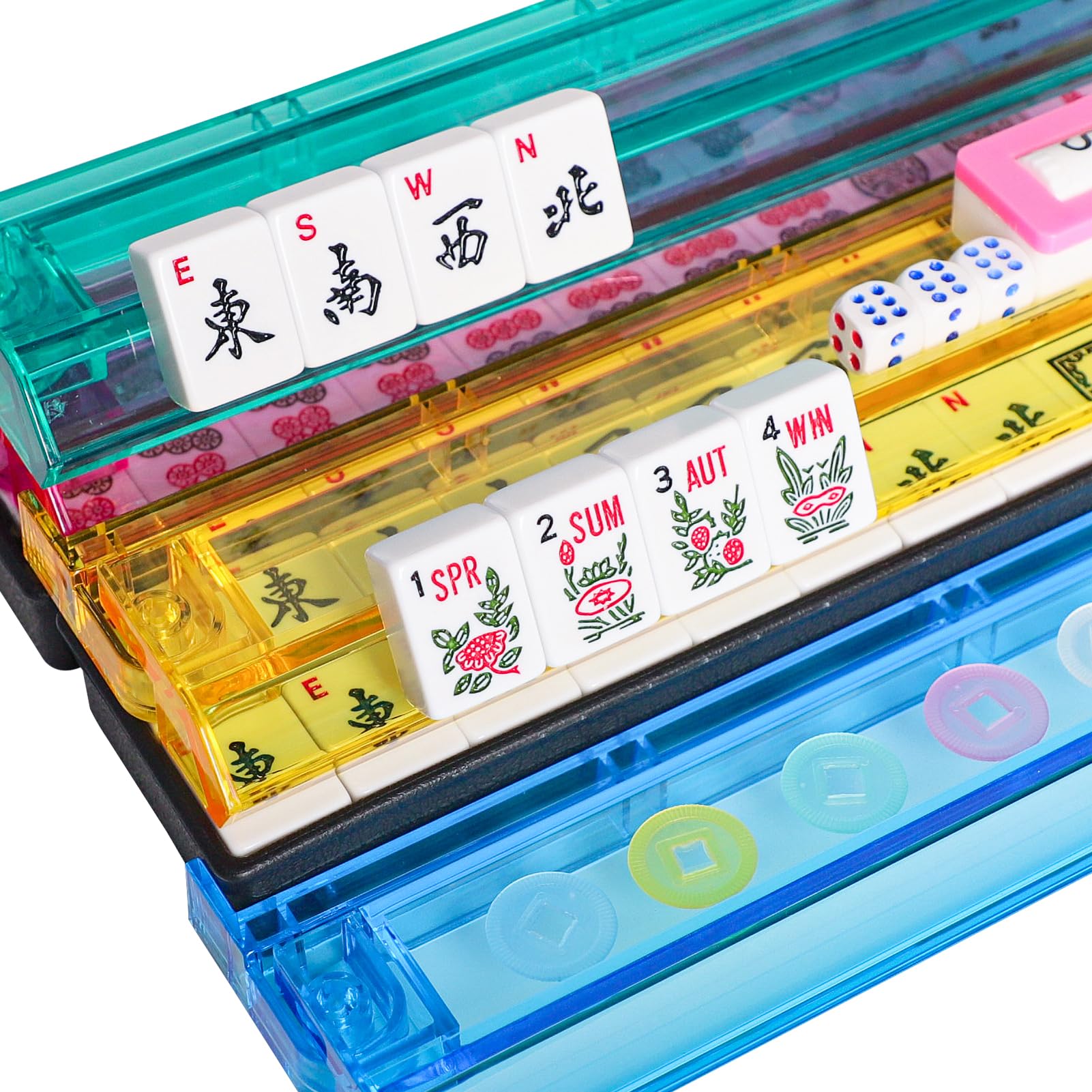 GUSTARIA American Mahjong Game Set, 166 Premium White Tiles, 4 All-in-One Color Rack/Pushers, Complete Mahongg Tile Set Blue Printed Carrying Bag