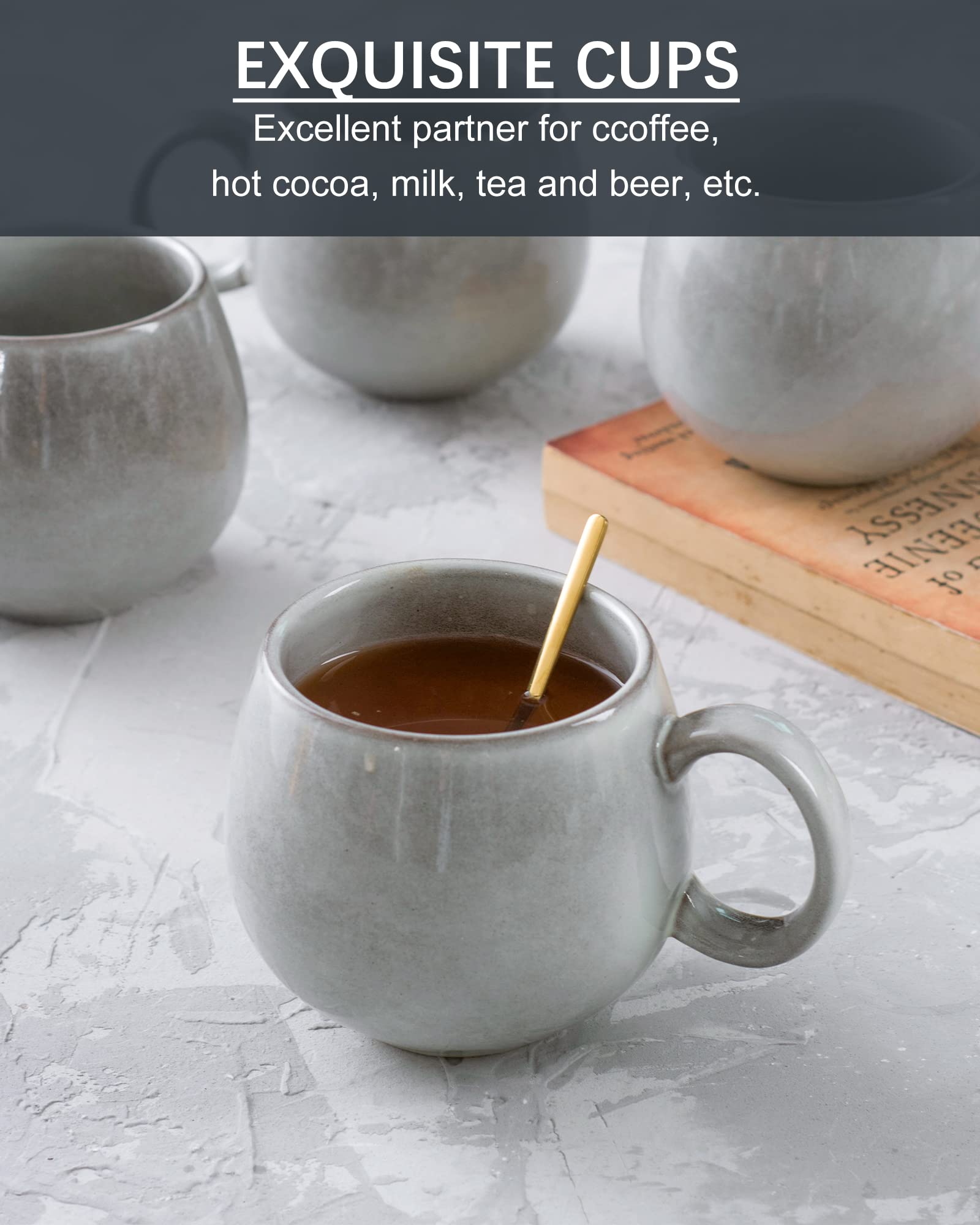 HENXFEN LEAD Large Coffee Mugs Set of 4-20 Oz Ceramic Jumbo Mugs with Handle for Latte, Cereal, Tea, Cocoa, Milk, Thanksgiving Christmas Cups Gift, Microwave, Dishwasher Safe, Grayish-White