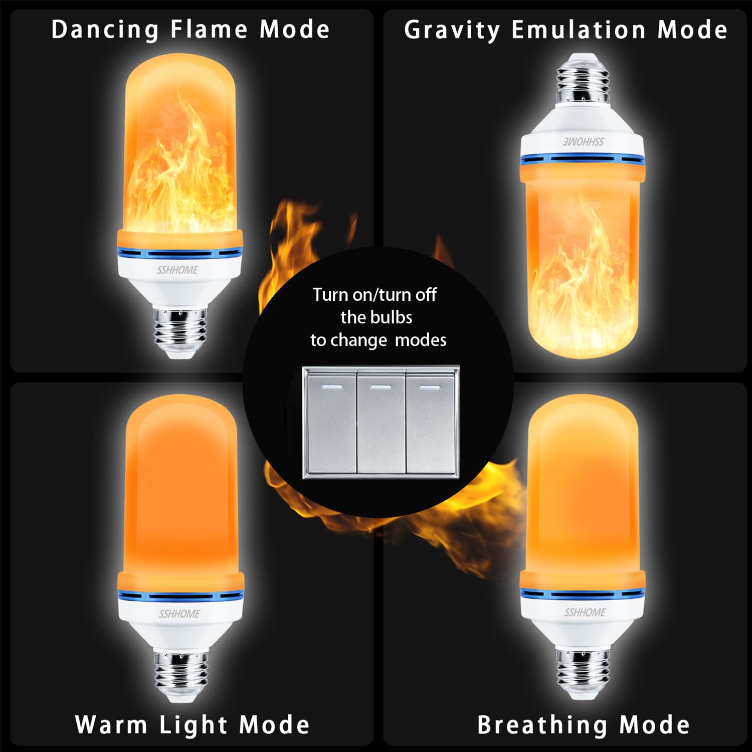 LED Flam Light Bulbs, 4 Modes E26 Base Fire Light Bulbs with Gravity Sensor, Outdoor Light Flickering Light for Halloween Garden Bar Party Wedding Restaurant Valentine's Day Decoration (2 Pack)