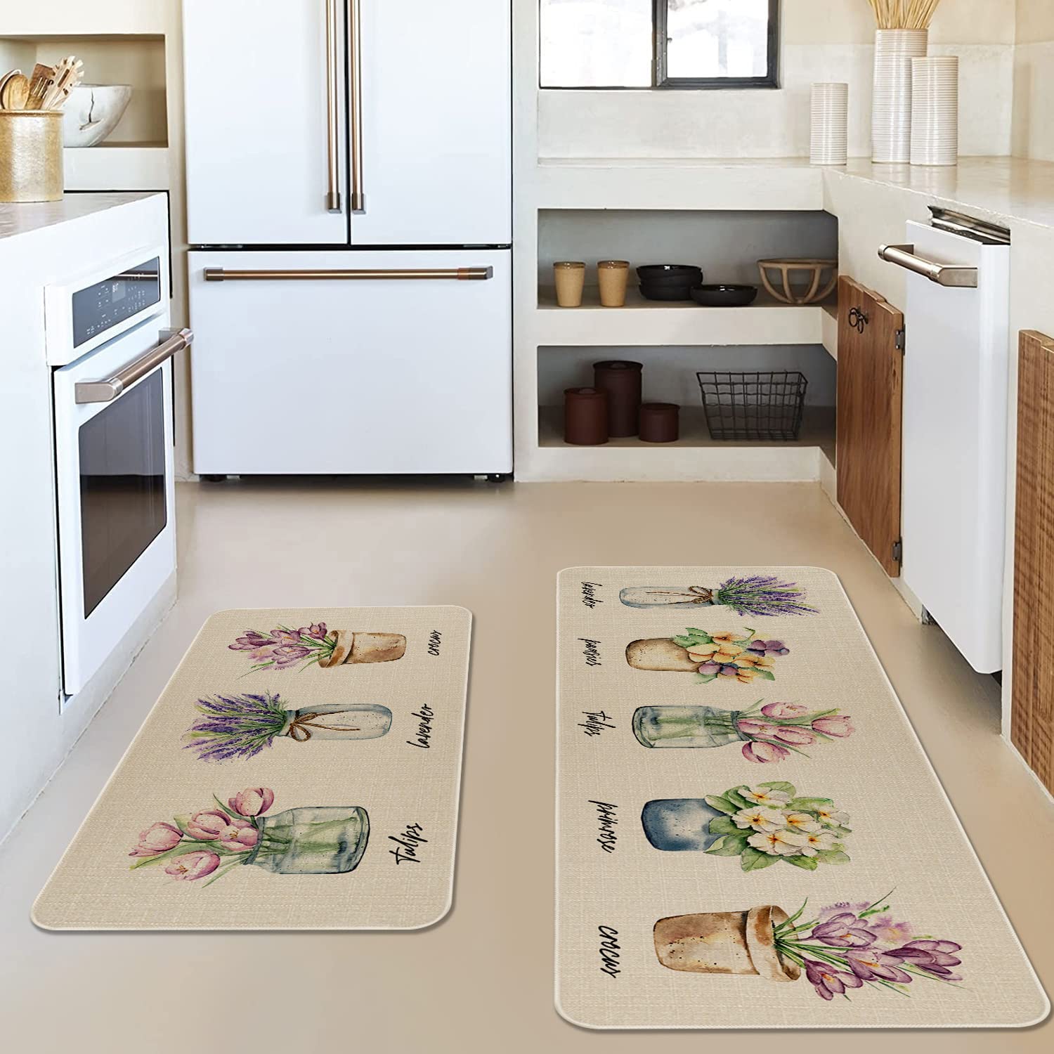 Eikunn Floral Kitchen Rugs and Mats Set of 2, Lavender Tulip Flower Kitchen Rug for Floor, Non-Slip Washable Comfort Standing Kitchen Sink Runner Rug Holiday Kitchen Accessories