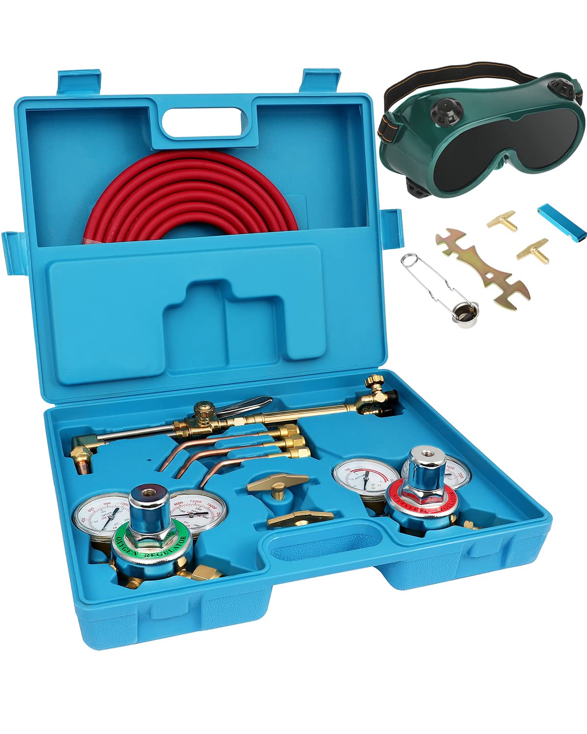 Gas Welding Cutting Kit Oxygen Acetylene Torch Portable Tool Set Oxy Brazing Welder Kit Professional Precision Instrument with Two Hose, Tips, Goggles, Blue Carrying Case