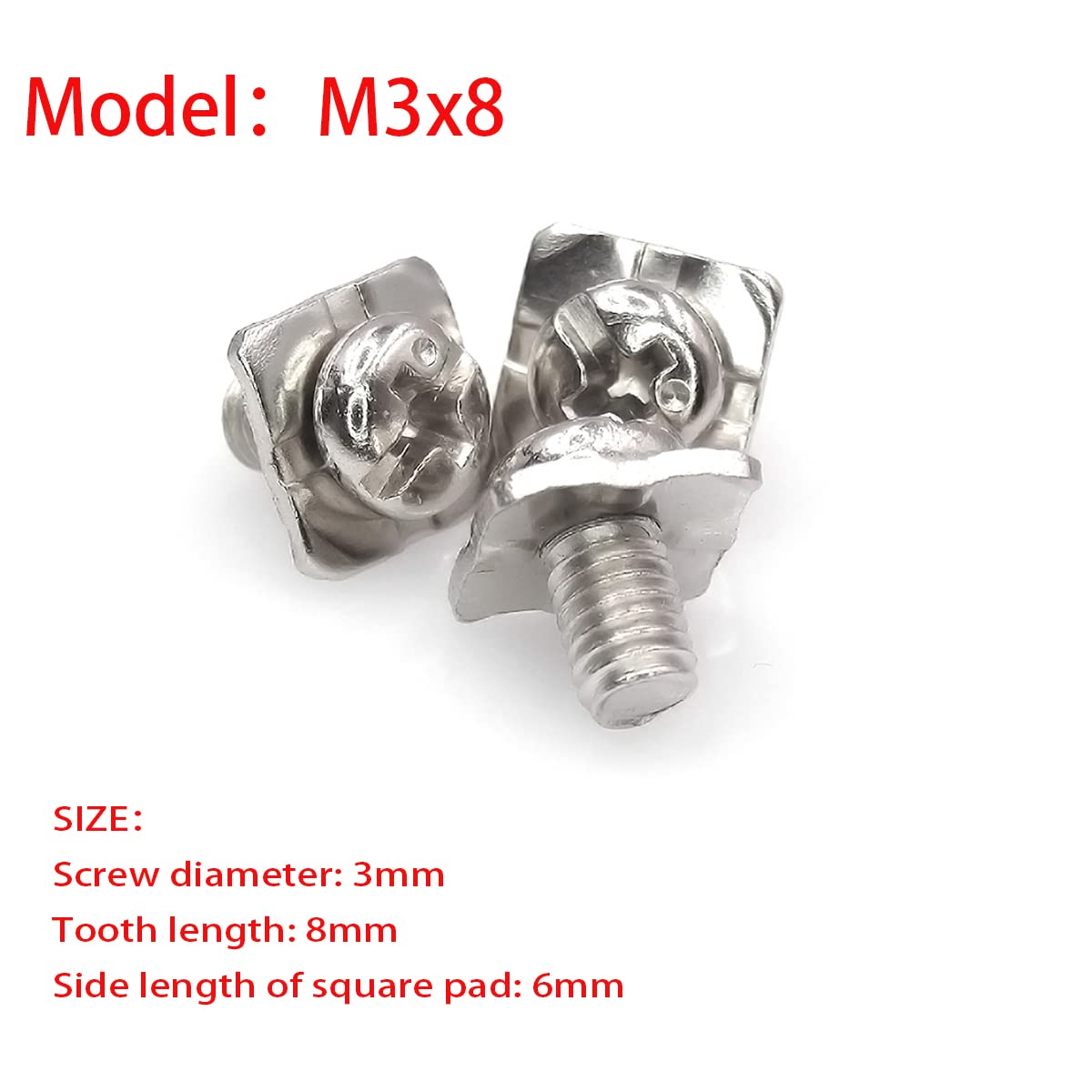 Harissess 50PCS M3*8 Terminal Block Screws with Square Washers(6 * 6mm),Nickel Plated Cross Pan Head Screw, M3*8*6mm