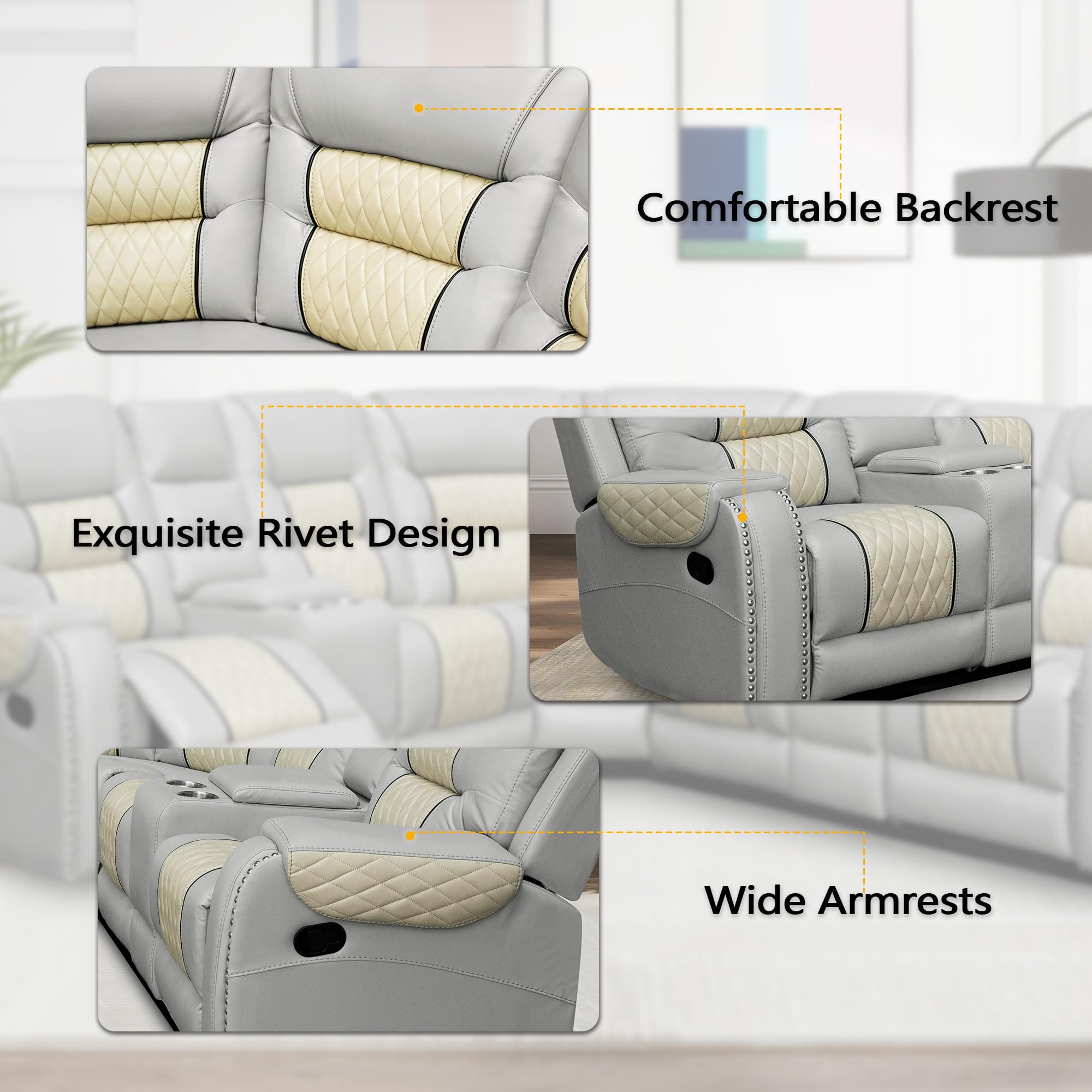 Hybition Manual Recliner Sectional Sofa Set with Cup Holders & Storage Box PU Leather L-Shaped Couch for Living Room Brown