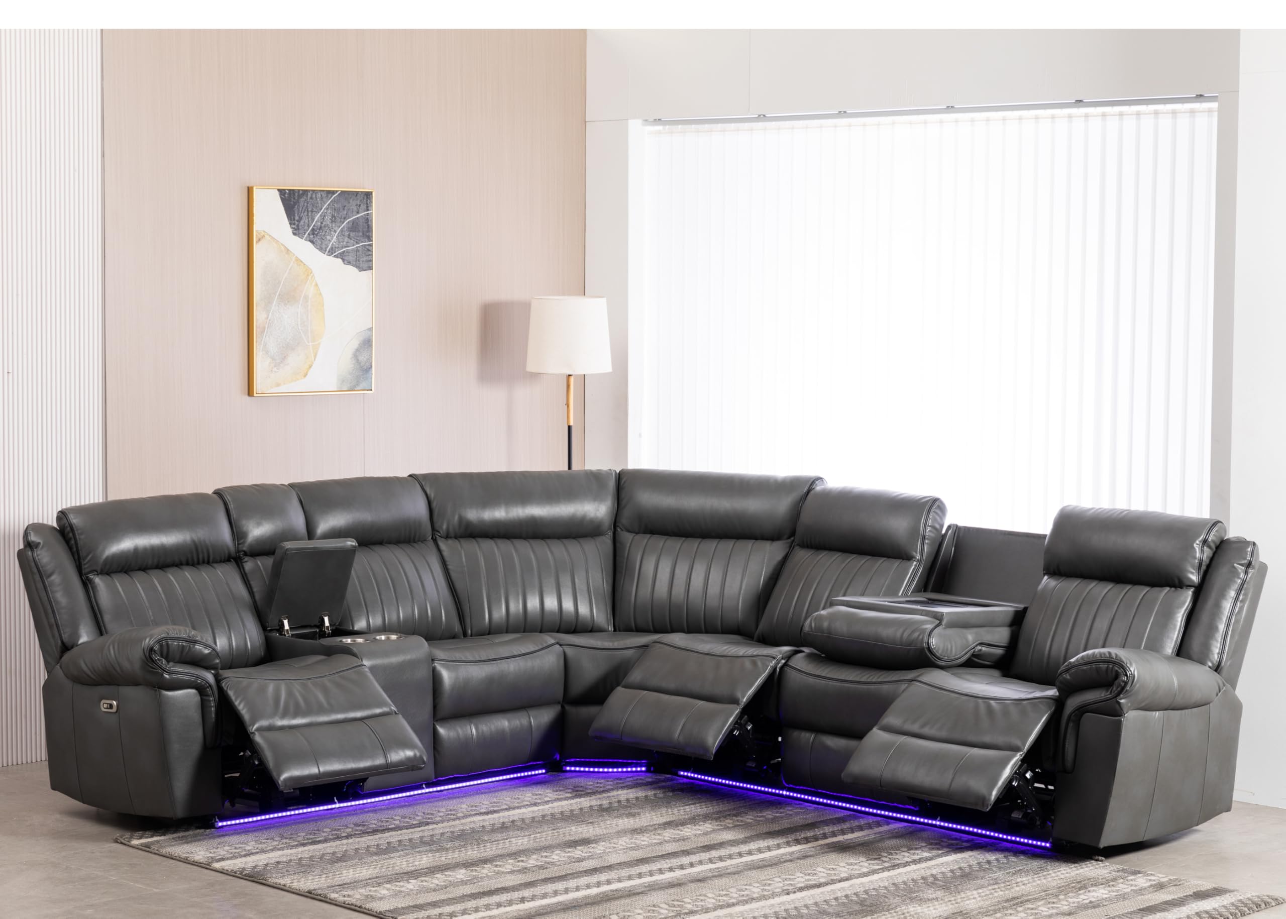 Hybition Power Reclining Sectional Sofa Multi-Functional 6 Seater Sectional Sofa L-Shaped PU Leather L-Shaped Sofa LED Lights Stereo Storage Cup Holders USB -Grey
