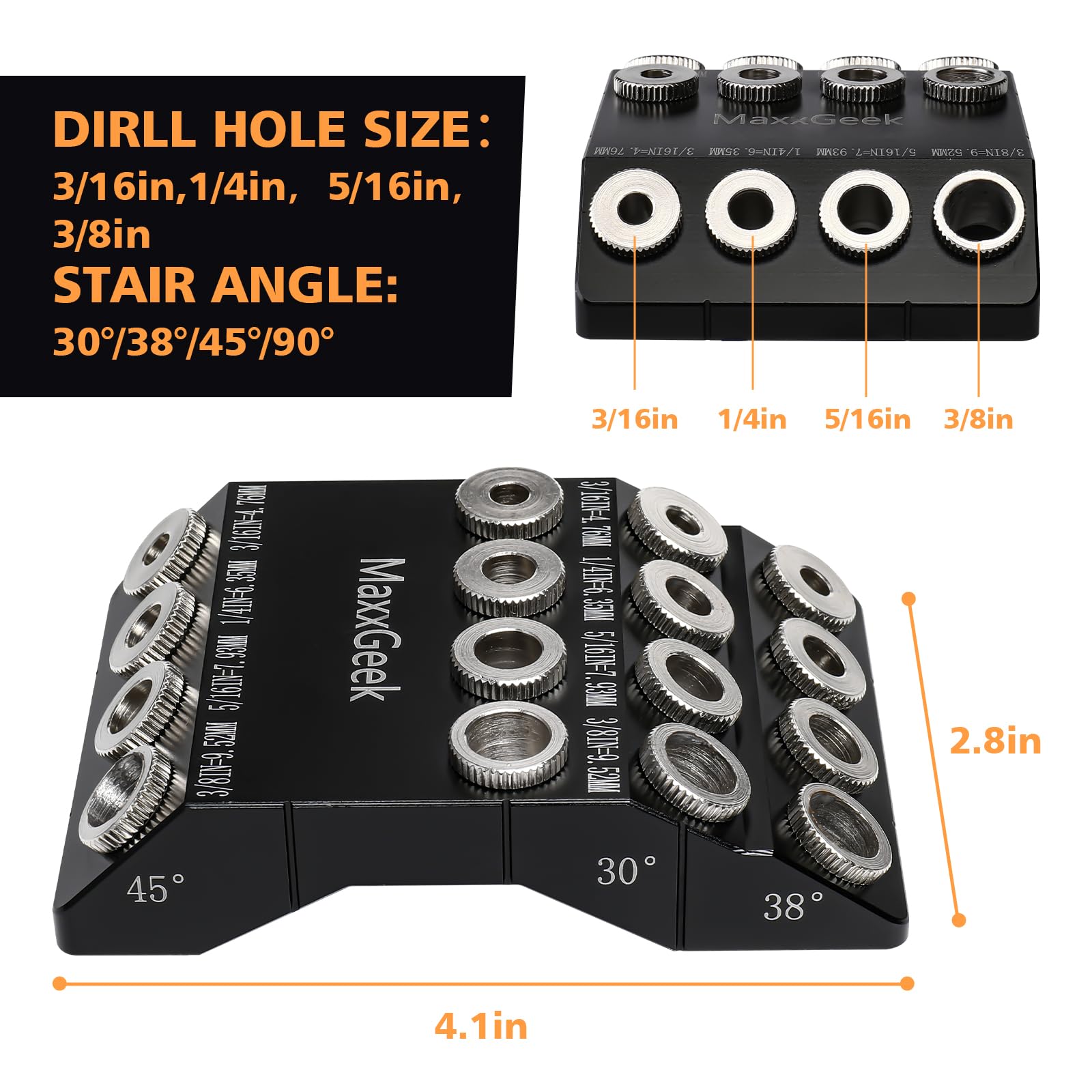 MaxxGeek Drill Guide for 30 38 45 90 Degree Angled and Straight Holes, Added 38 Degree Portable Drill Guide for Deck Stair Handrail and Horizontal Cable Wood Post (Without Drill Bit)