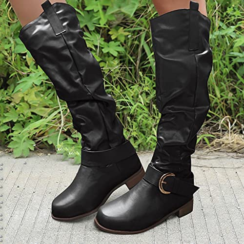 FASDNENDYS Flat Head Fashion Buckle Shoes Belt Women Boots Boots Women's Round Women's Boots Heel Boots Black