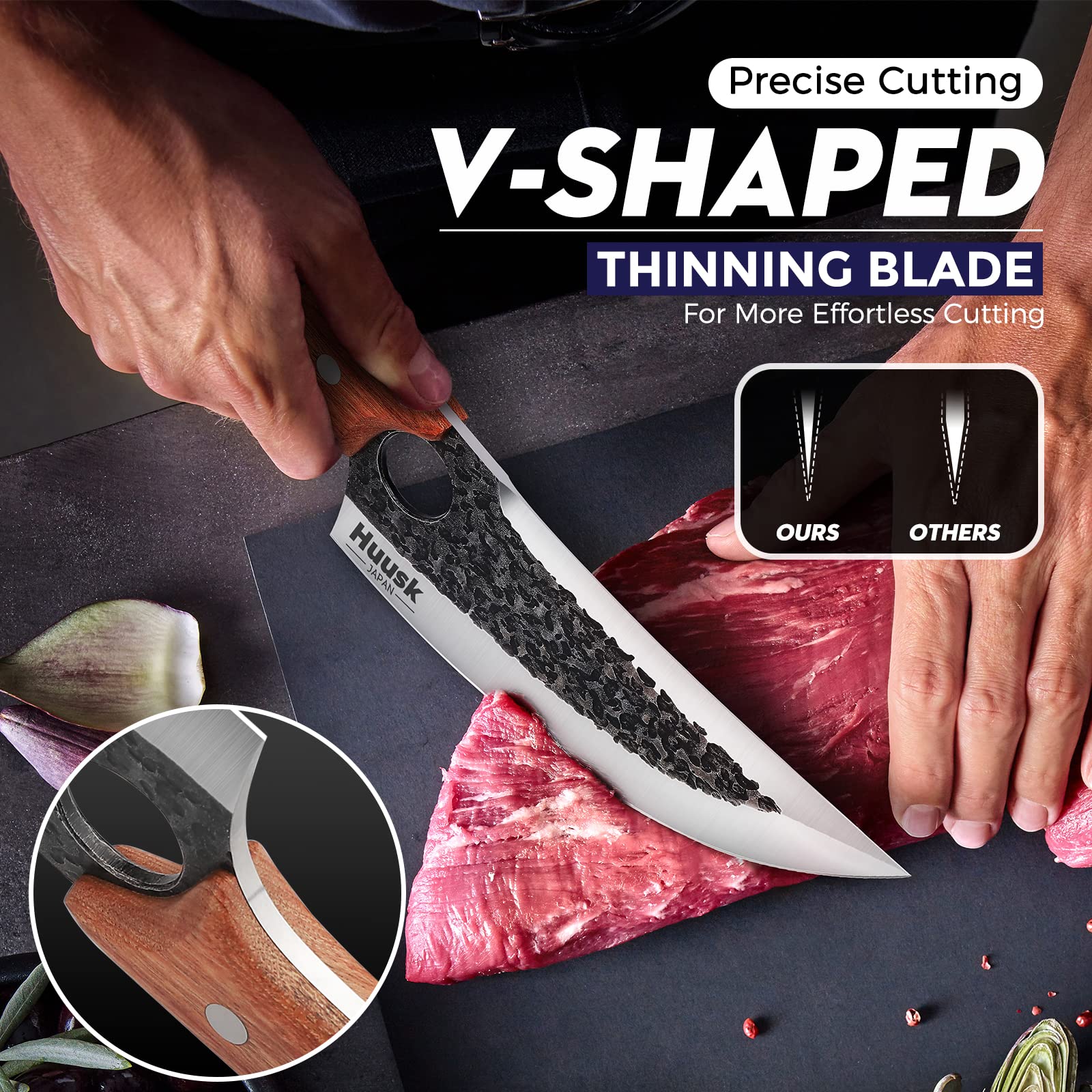 Huusk Upgraded Chef Knife Bundle with Black Meat Cleaver Viking Gift Men Cooking BBQ Camping Knives with sheath