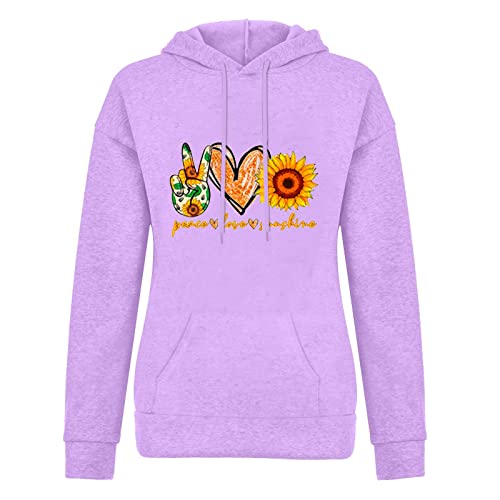 Ladies Hooded Sweatshirt Pullover Casual Print Long-Sleeved O-Neck Pocket Top Long Sweatshirt Hoodie Purple