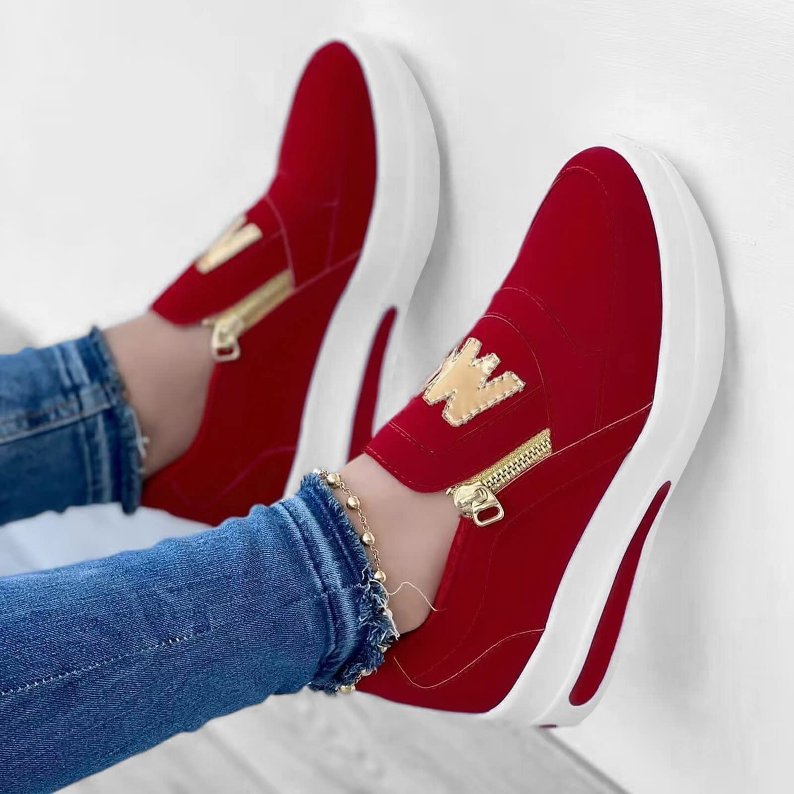 FASDNENDYS Ladies Fashion Solid Color Flock Side Zipper Platform Comfortable Casual Sports Shoes Beach Sand Shoes Men Red