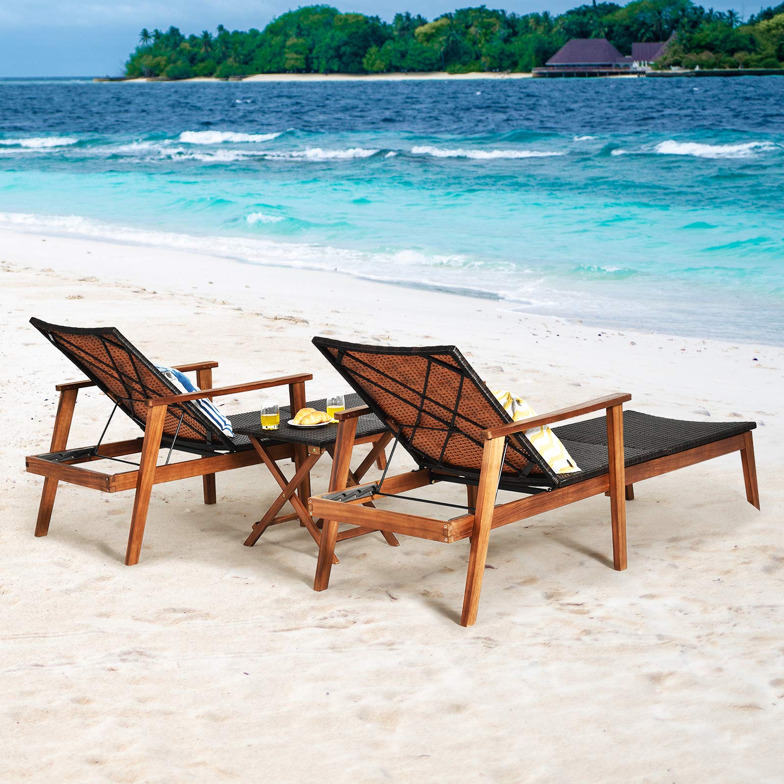 Tangkula 3 Pieces Outdoor Chaise Set, Wicker Rattan Lounge Chair w/Acacia Wood Frame, 4 Adjustable Positions Patio Wicker Lounge Set & Foldable Side Table, Suitable for Lawn, Backyard (Mix Brown)
