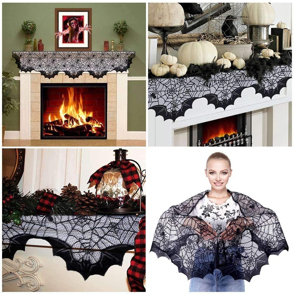 FunisFun Halloween Fall Thanksgiving Lace Fireplace Mantle Scarf Cover, Cloth Runner Door Window Curtain Kitchen Decorations Gothic Festival Party Decor (Bat, Bat, 20*80")