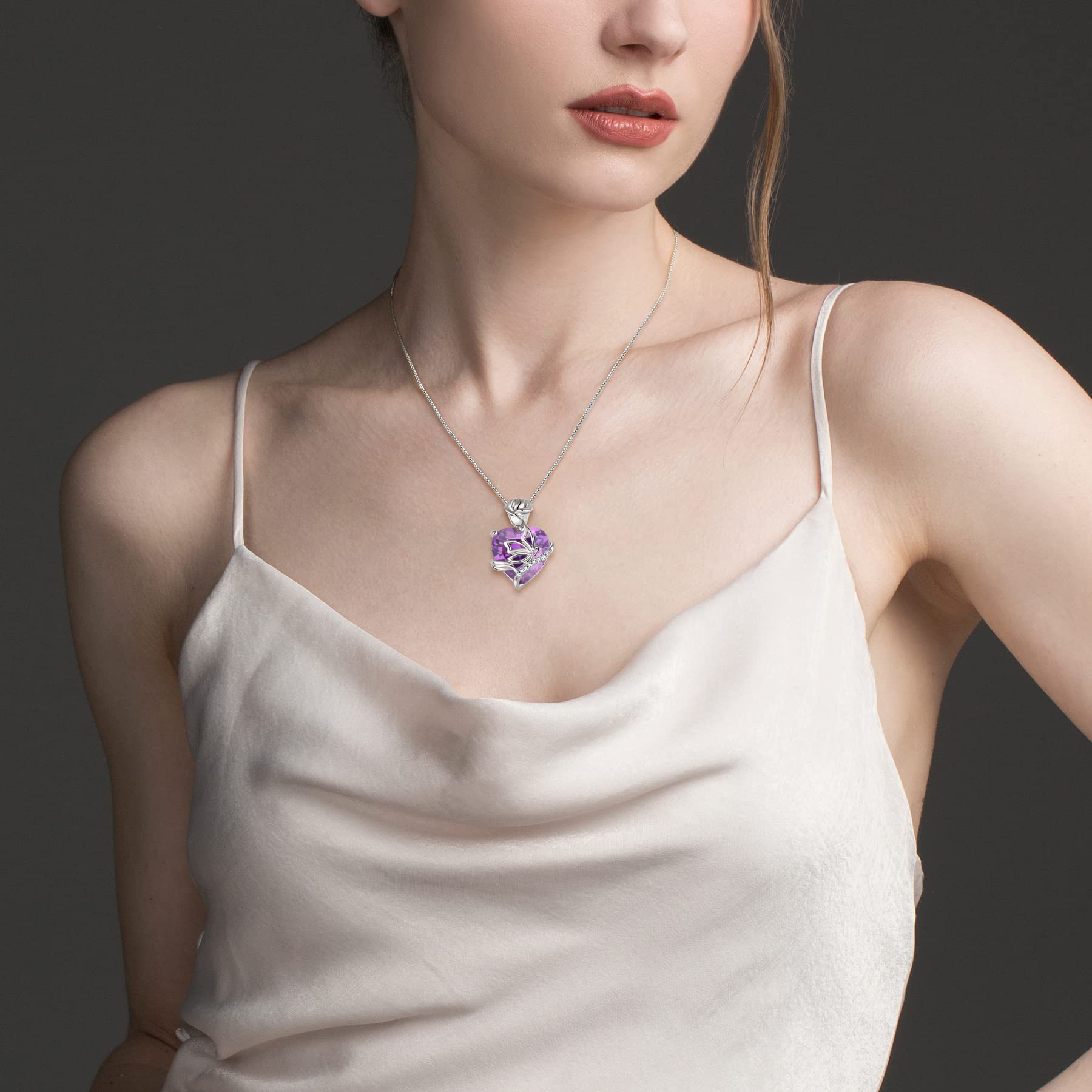 FJ Heart Rose Butterfly February Amethyst Birth Stone Sterling Silver Amulet Jewelry