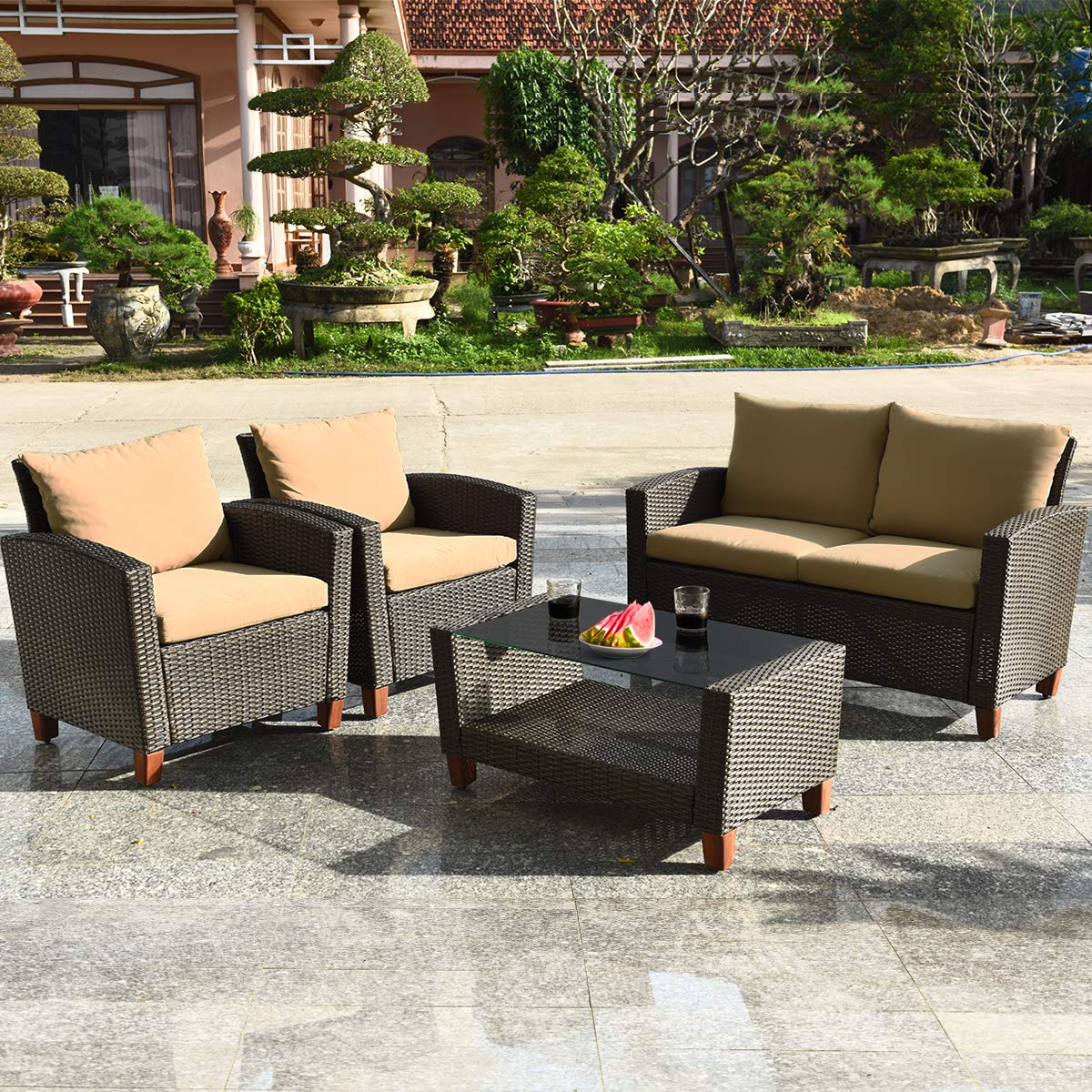 Tangkula 4 Piece Patio Rattan Furniture Set, Onesize, Beige