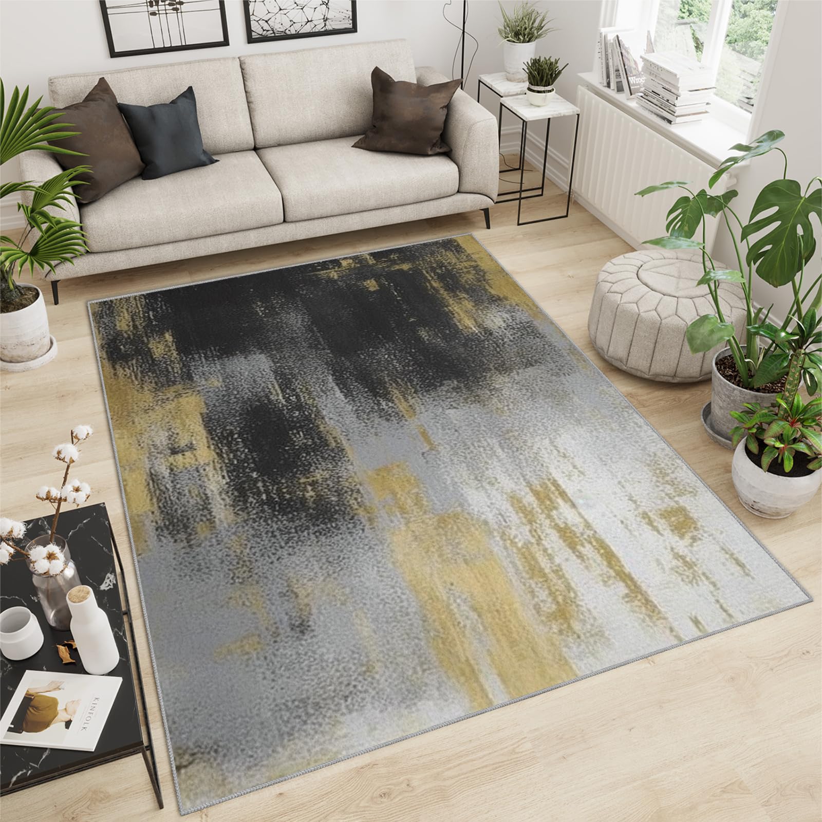 LEGENOB Washable Rugs 2x3 Retro Gold Leaf Pattern Black Area Rug ,Abstract Gradient Black Grey Rug for Living Room ,Anti-Slip Washable Rugs ,Apply to Bedroom Kitchen Dining Room Home Decoe