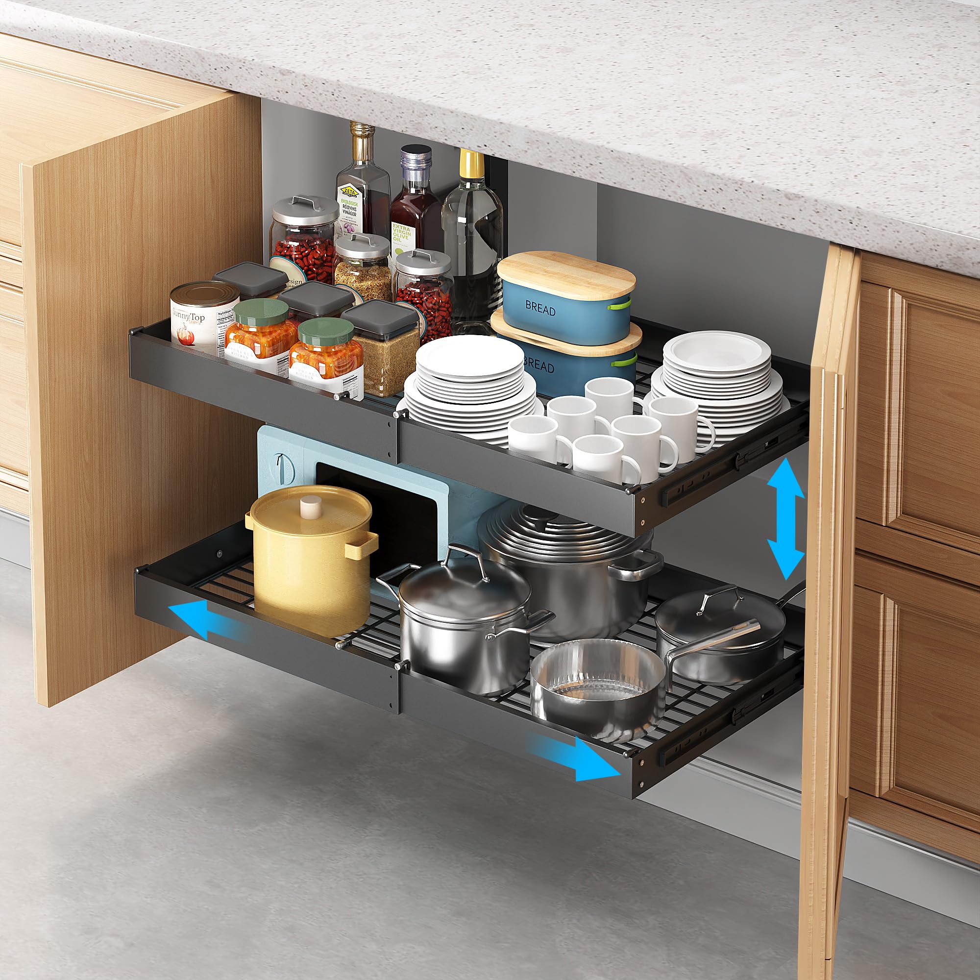Expandable 2 Pack Pull Out Cabinet Drawer Organizer, Steel Metal Pull Out Storage Shelf Drawer Basket, Sliding Pantry Shelves - Roll Out Shelf Storage for Pots, Pans, Black