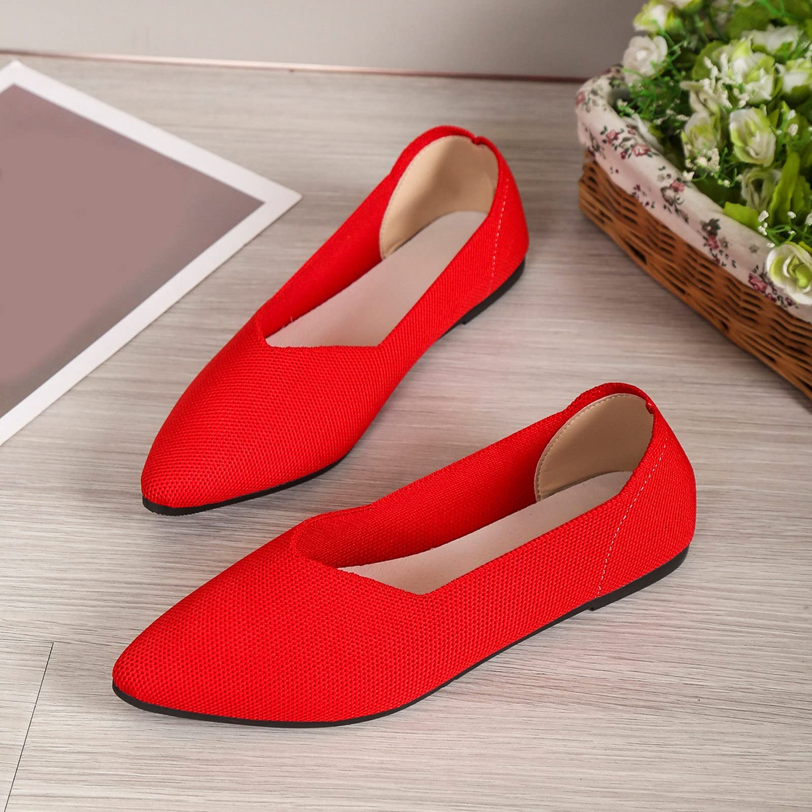 FASDNENDYS Ladies Fashion Solid Color Breathable Mesh Pointed Comfort Flat Casual Shoes Mens Shoes Red