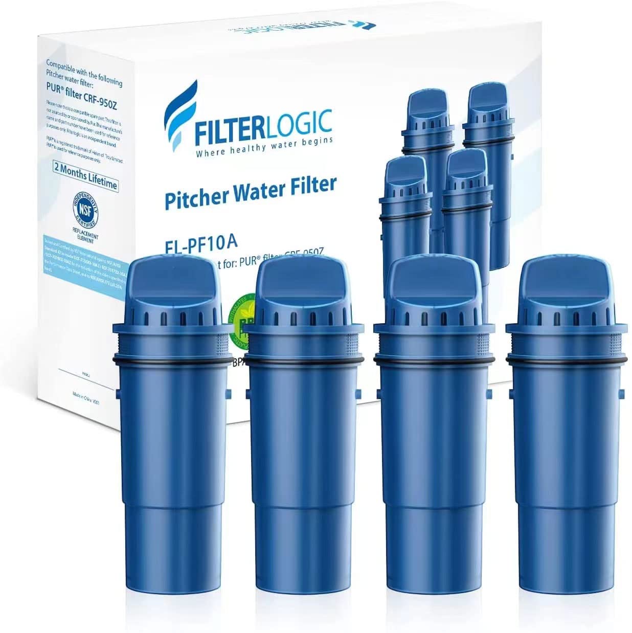 Filterlogic NSF Certified Pitcher Water Filter, Replacement for PurĀ® Pitchers and Dispensers PPT700W, CR-1100C and PPF951K Water Filter (Pack of 4) (Package May Vary)