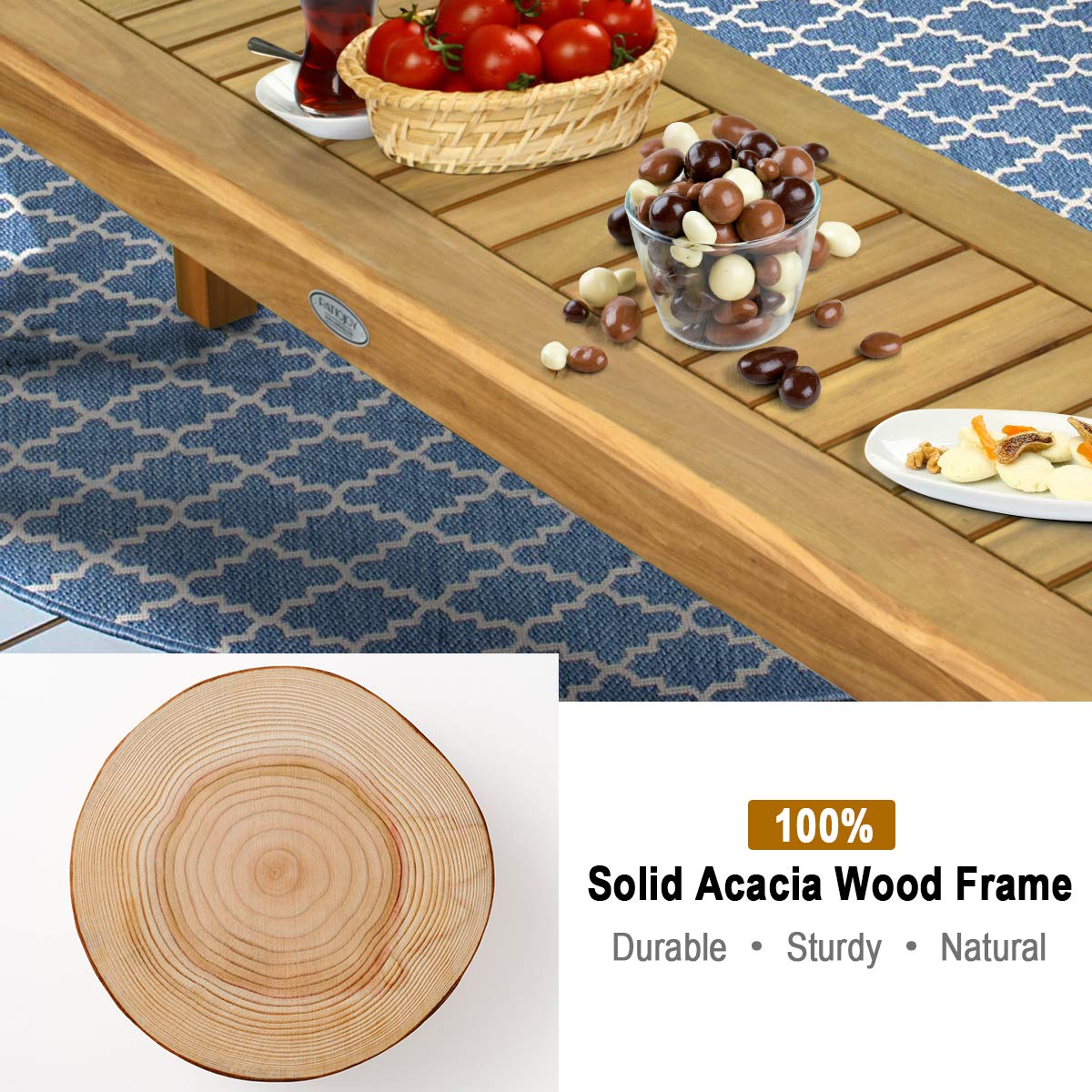 Tangkula 52 Inches Acacia Wood Outdoor Bench, Wood Bench for Dining Room Entryway Poolside Garden, Patio Backless Dining Bench with Slatted Seat, Ideal for Outdoors & Indoors