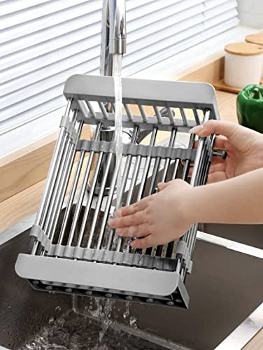 Expandable Kitchen Sink Dish Drainer,Retractable Kitchen Sink Organizer,Stainless Steel Dish Rack Home Foldable Multifunction Expandable Hanging Drainer Drying with Board Divider Drain Adjustable