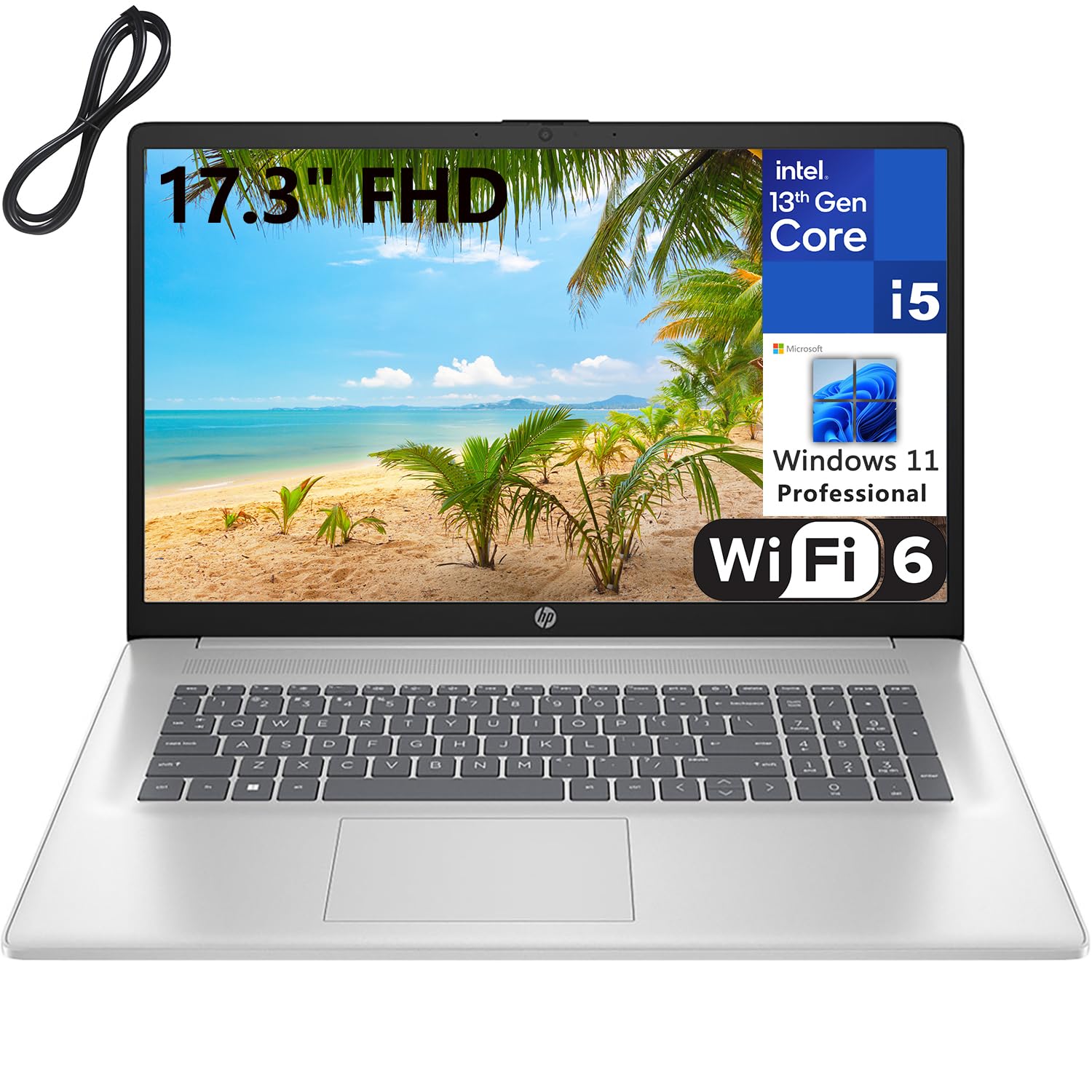 HP 17 17.3" FHD Laptop Computer, 13th Gen Intel 10-Core i5-1335U up to 4.6GHz (Beat i7-1270P), 4GB DDR4 RAM, 128GB PCIe SSD, WiFi 6, Bluetooth 5.3, Silver, Windows 11 Pro, SSROTH Cable