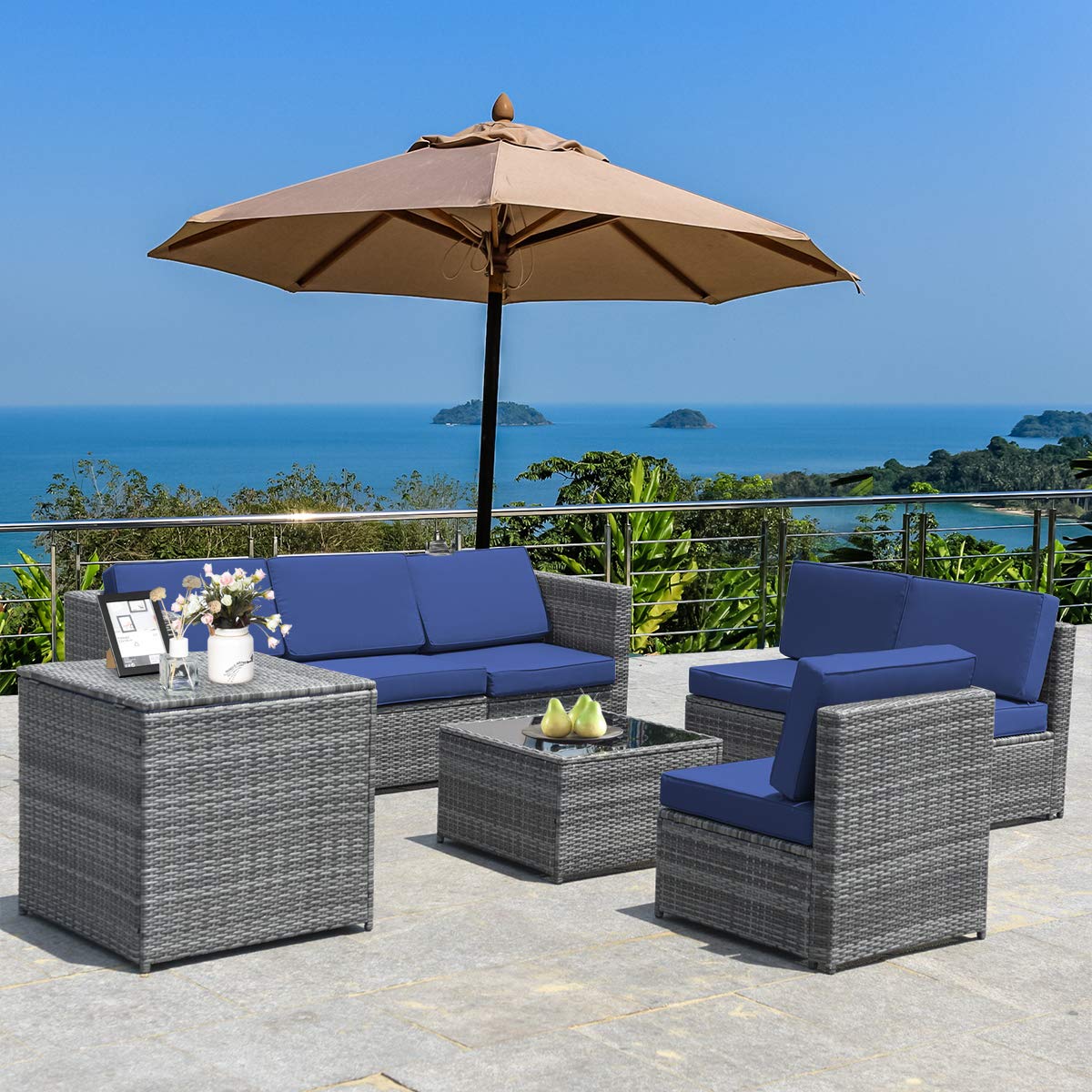 Tangkula 8 PCS Outdoor Patio Furniture Set, Rattan Wicker Sofa Set, Sectional Sofa Couch Conversation Set w/Storage Table and 12 Zippered Cushions for Garden Backyard Poolside (Navy)