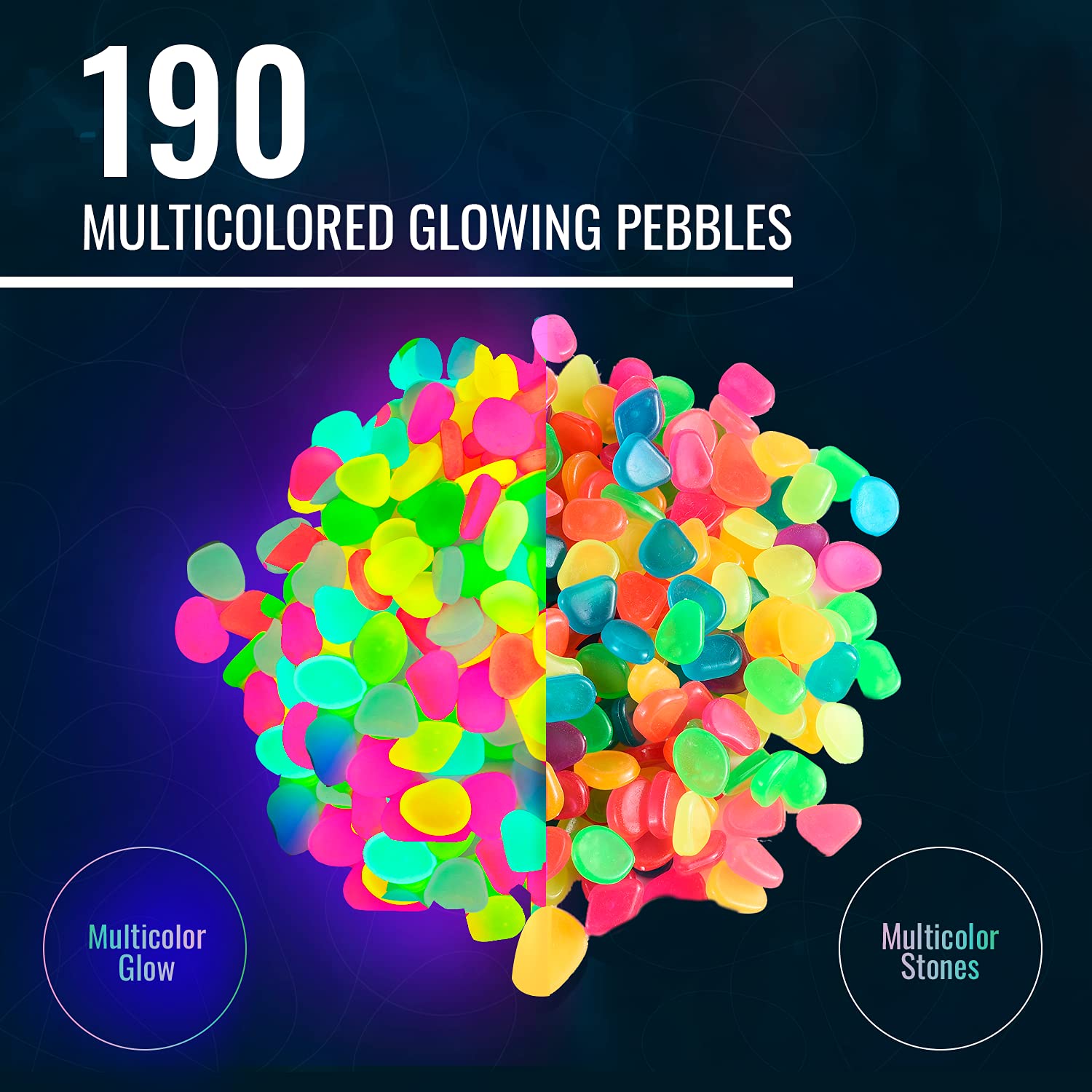 Graham Products 190 Pieces Glow in The Dark Rocks | Indoor & Outdoor Use - Garden, Fish Tank Pebbles, Planter, Walkway Decoration & More | for Kids Aged 6 & Up | Powered by Sunlight - Multi-Colored