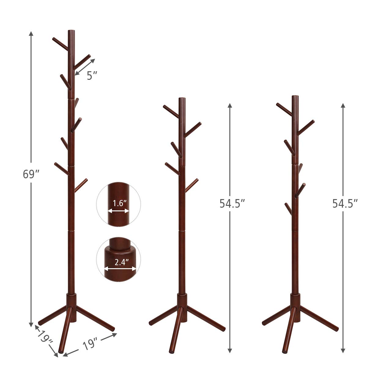 Tangkula Coat Rack Freestanding, Rubber Wood Coat Stand with 8 Hooks, Height Adjustable Entryway Coat Tree Coat Hanger Stand for Home Office Hall Entryway