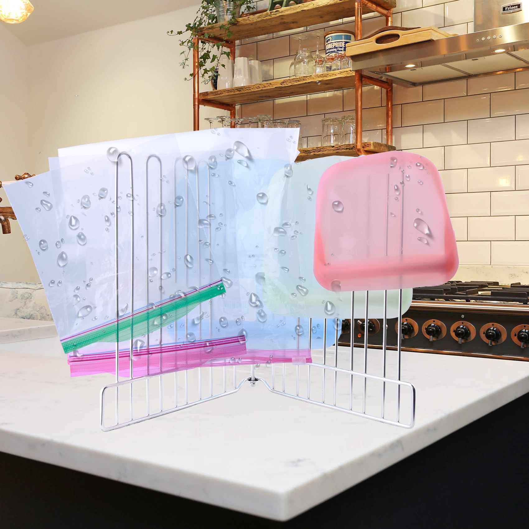 LEKUSHA Reusable Bag Drying Rack, Foldable Freezer Bag Dryer, SUS304 Stainless Steel Drying Stand for Gallon, Quart, Sandwich, Snack Bag, Plastic Silicone Storage Bag