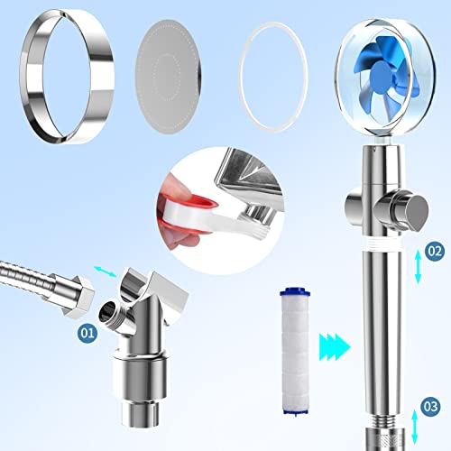 Hydro Jet Turbo Fan High Pressure Shower Head with Handheld,Detachable Shower Head Kit with Back Scrubber/7 Filters/Hose/Holder/Shower Loofah,Turbocharged Shower Head with Pause Switch(Blue)