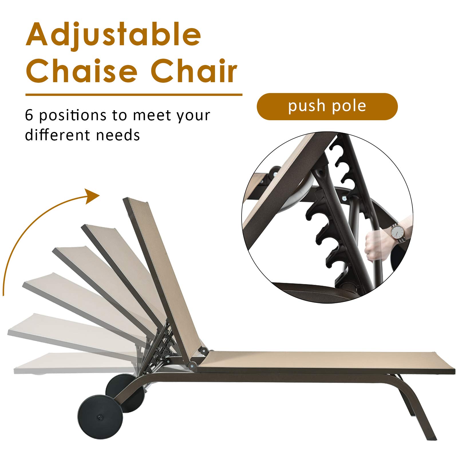 Tangkula Outdoor Aluminum Chaise Lounge, Patio Lounge Recliner Chair w/6 Adjustable Backrest, Reclining Chaise Chair with Wheels for Beach, Yard, Balcony, Poolside (2, Brown)