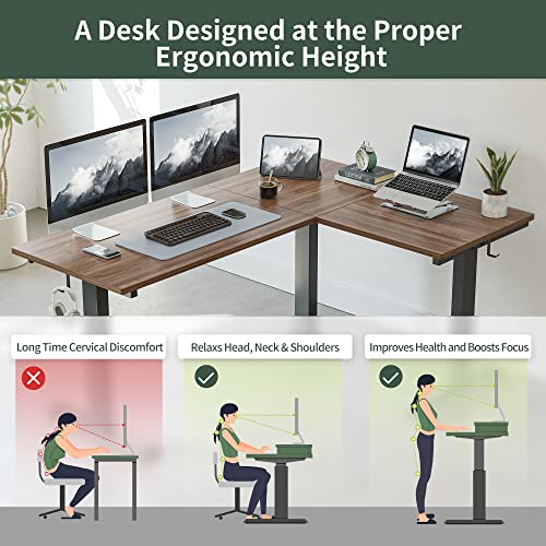 FEZIBO Triple Motor L-Shaped Electric Standing Desk, 63 Inches Height Adjustable Stand up Corner Desk, Sit Stand Workstation with Splice Board, White Frame/White Top