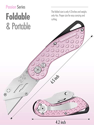 FantastiCAR Box Cutter Folding Utility Knife, Unique Metal Body, Safety Lock Button and Quick Blade Change, with Extra 5 Sharp Blades (Pink-Hearts)