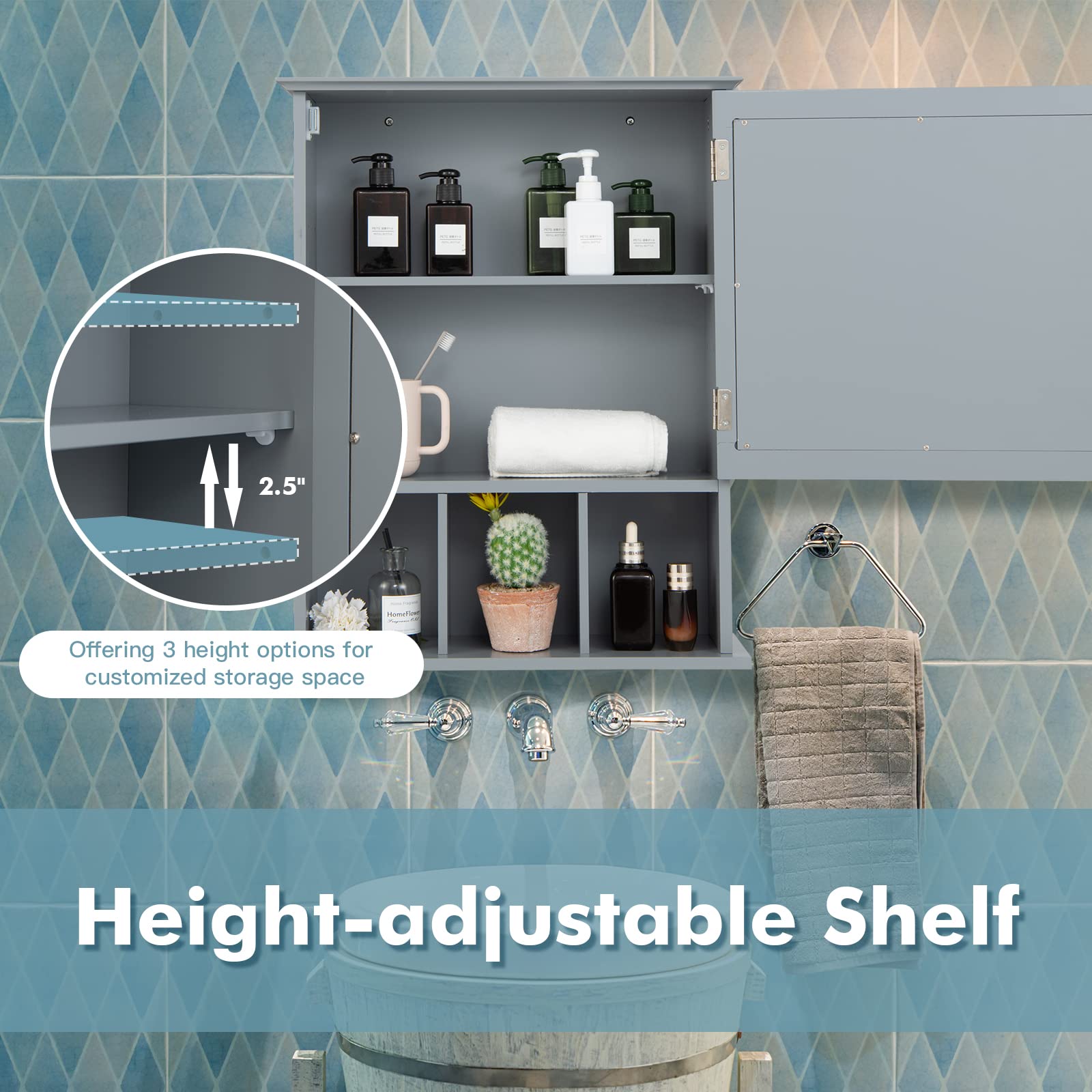 Tangkula Wall-Mounted Bathroom Cabinet, 2-in-1 Storage Organizer with Mirror Door, Wall-Mounted Medicine Cabinet with Adjustable Shelf & 3 Open Compartments for Bathroom, Living Room, Entryway